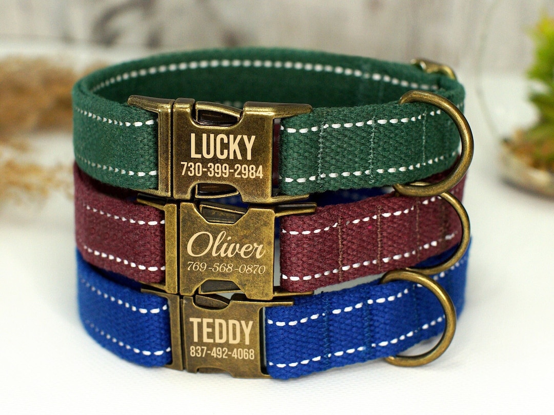 Personalized Cotton Dog Collar With Reflective Strips, Customized Metal ...