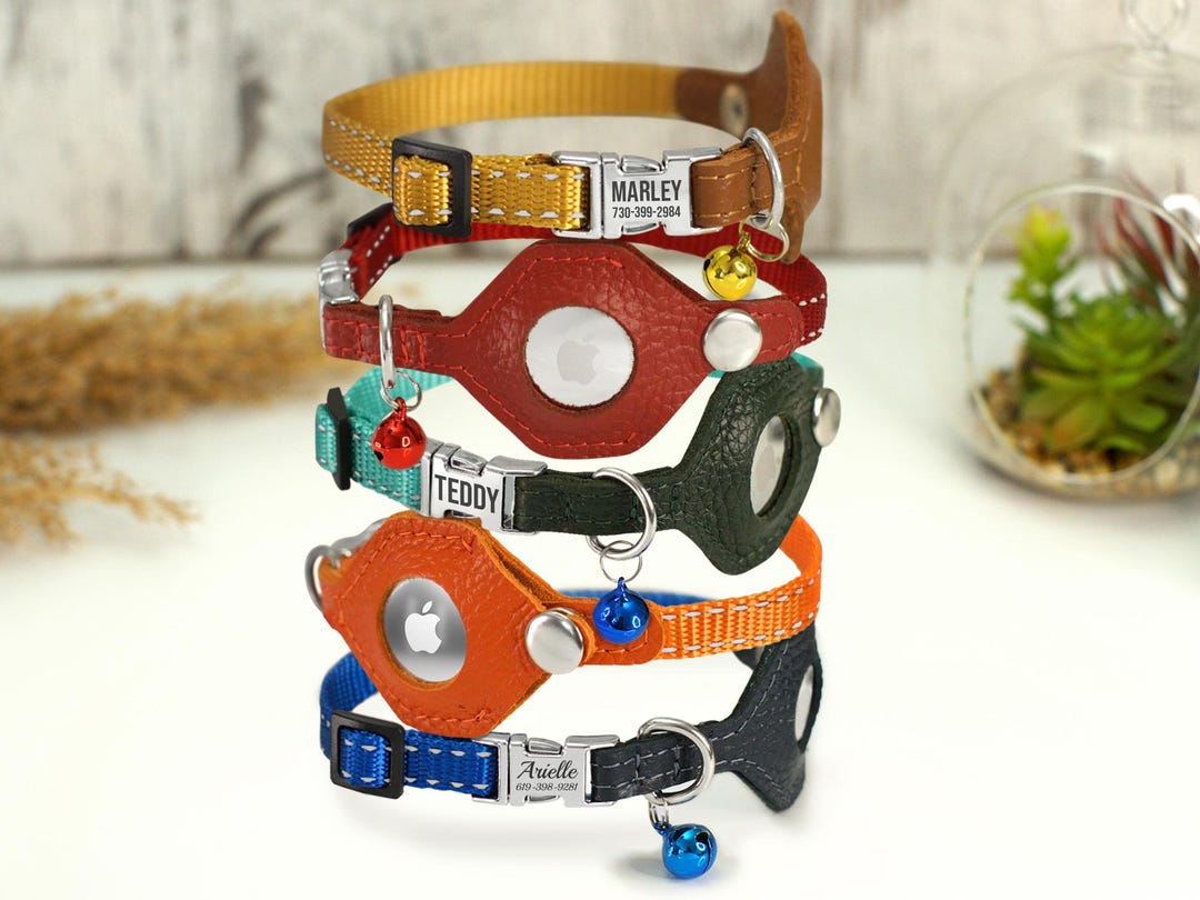 Custom Leather Cat Collars With AirTag Holder, Glow in Dark Cat Collar ...