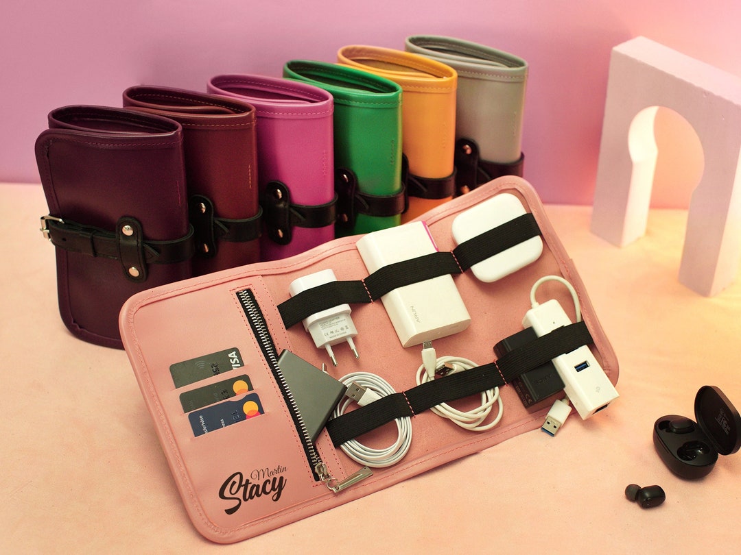 Leather Cable Organizer Bag, Personalized Cord Case, Custom Travel ...
