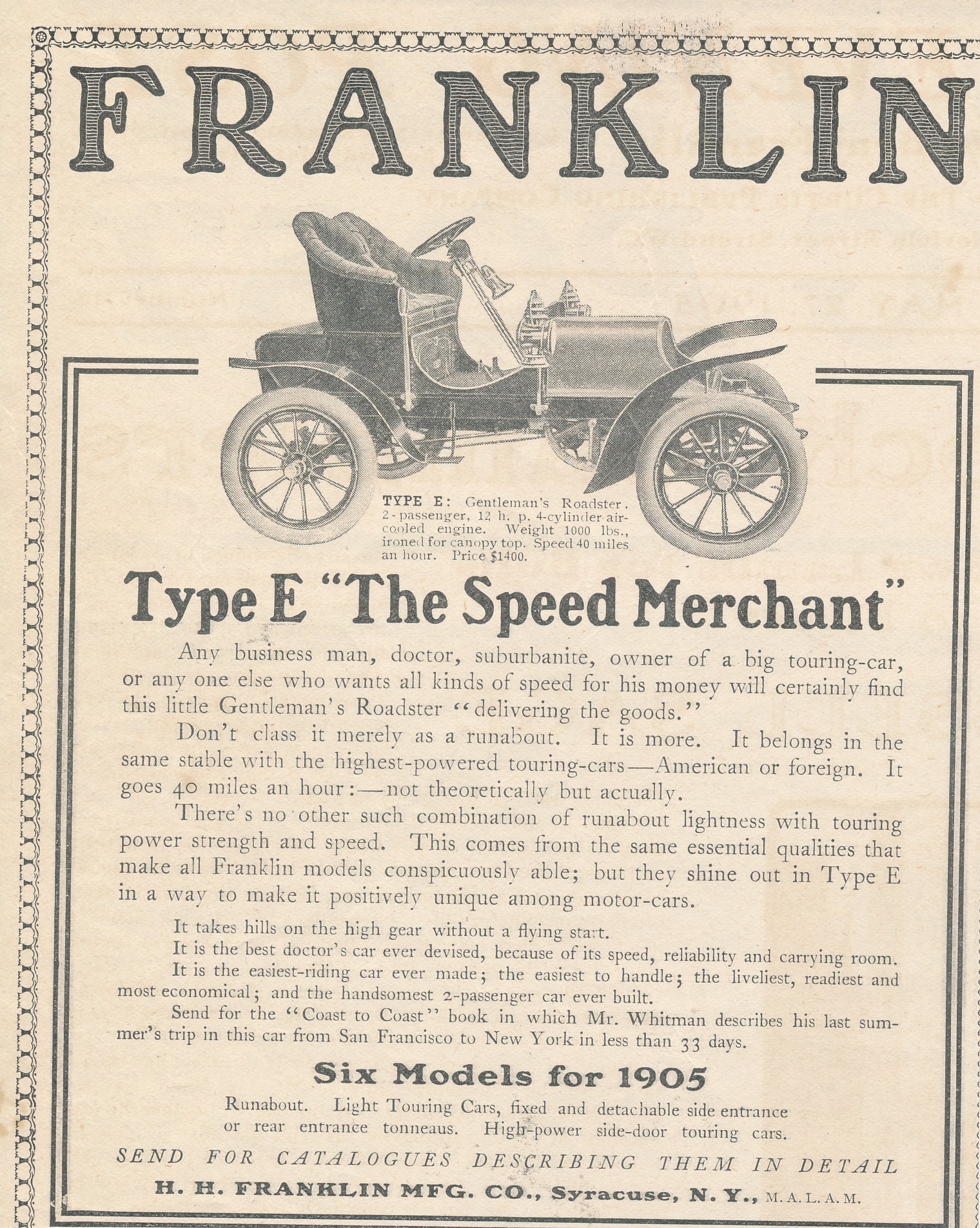 2 Vintage Print Ads for Franklin Auto 1905 and 1920's - Etsy