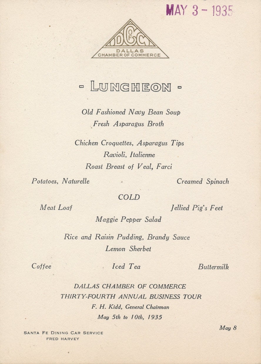 Santa Fe Dining Car Lunch Menu From a Charter Train on May 8, 1935 for ...