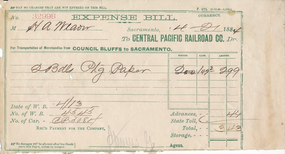 Central Pacific Railroad Expense Bill Dated April 21, 1884 - Etsy