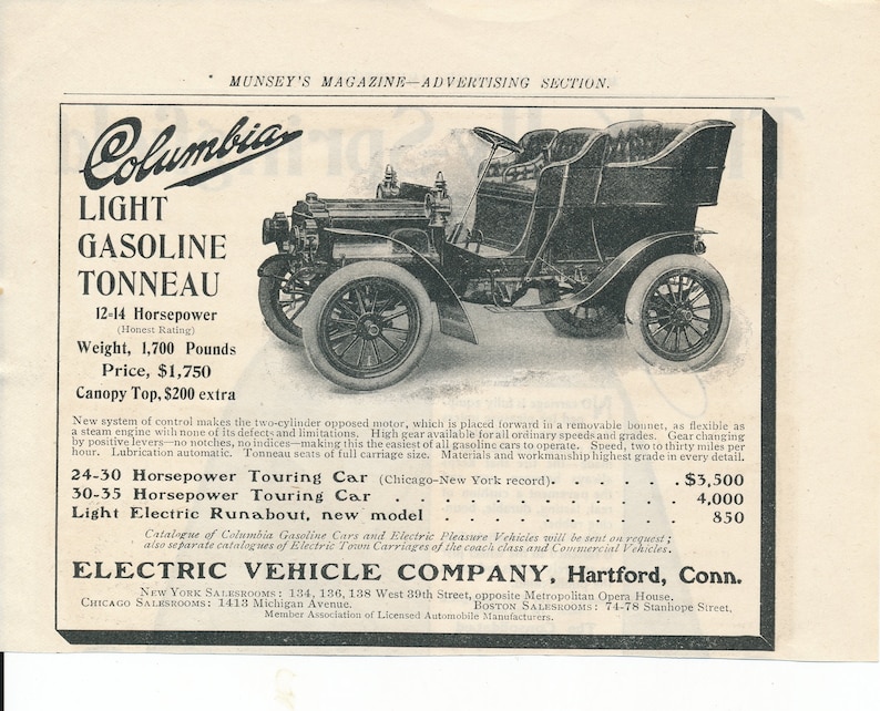 Columbia Auto by Electric Vehicle Company Magazine Print Ad 1910's - Etsy