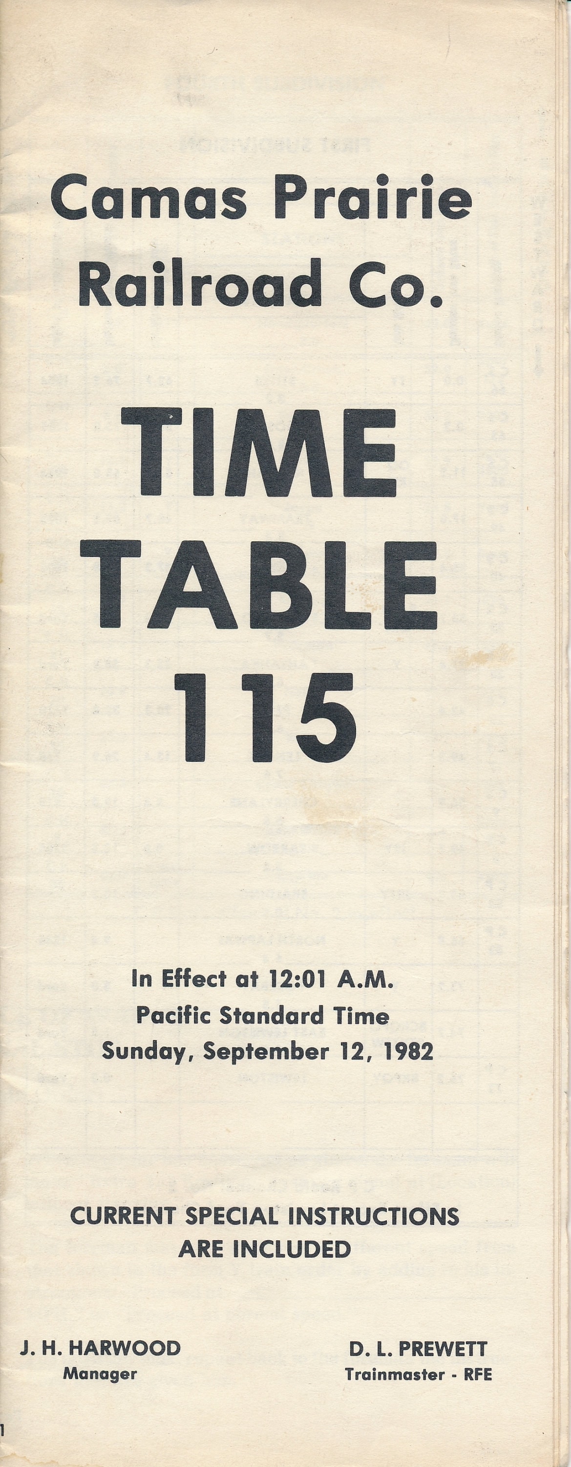 Camas Prairie Railroad Employee Timetable 115 September 12, 1982 - Etsy