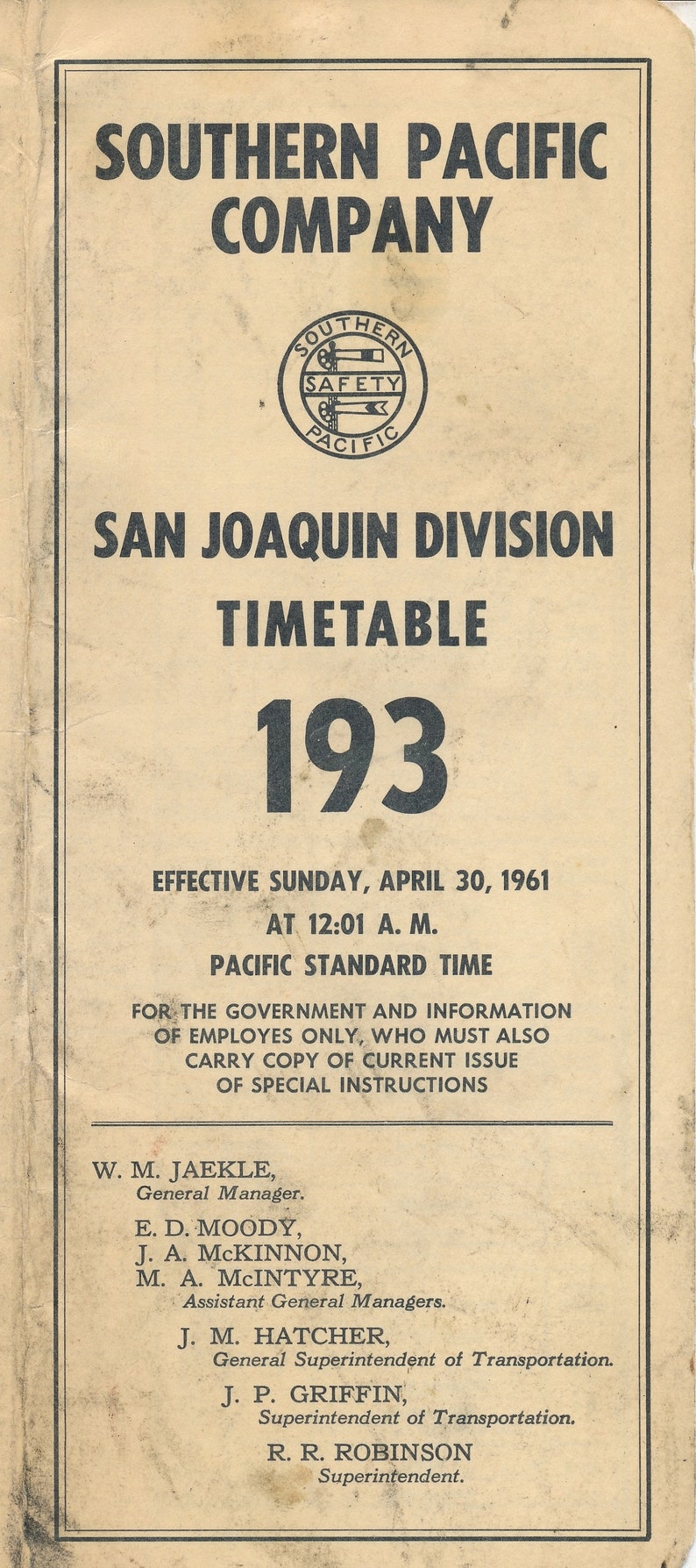 Southern Pacific Employee Timetables San Joaquin Division Nos. 193 1961 ...