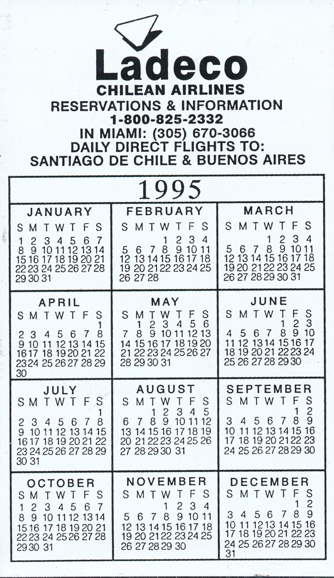 Ladeco Airlines Calendar for 1995 and Sheet on Airport Information for ...
