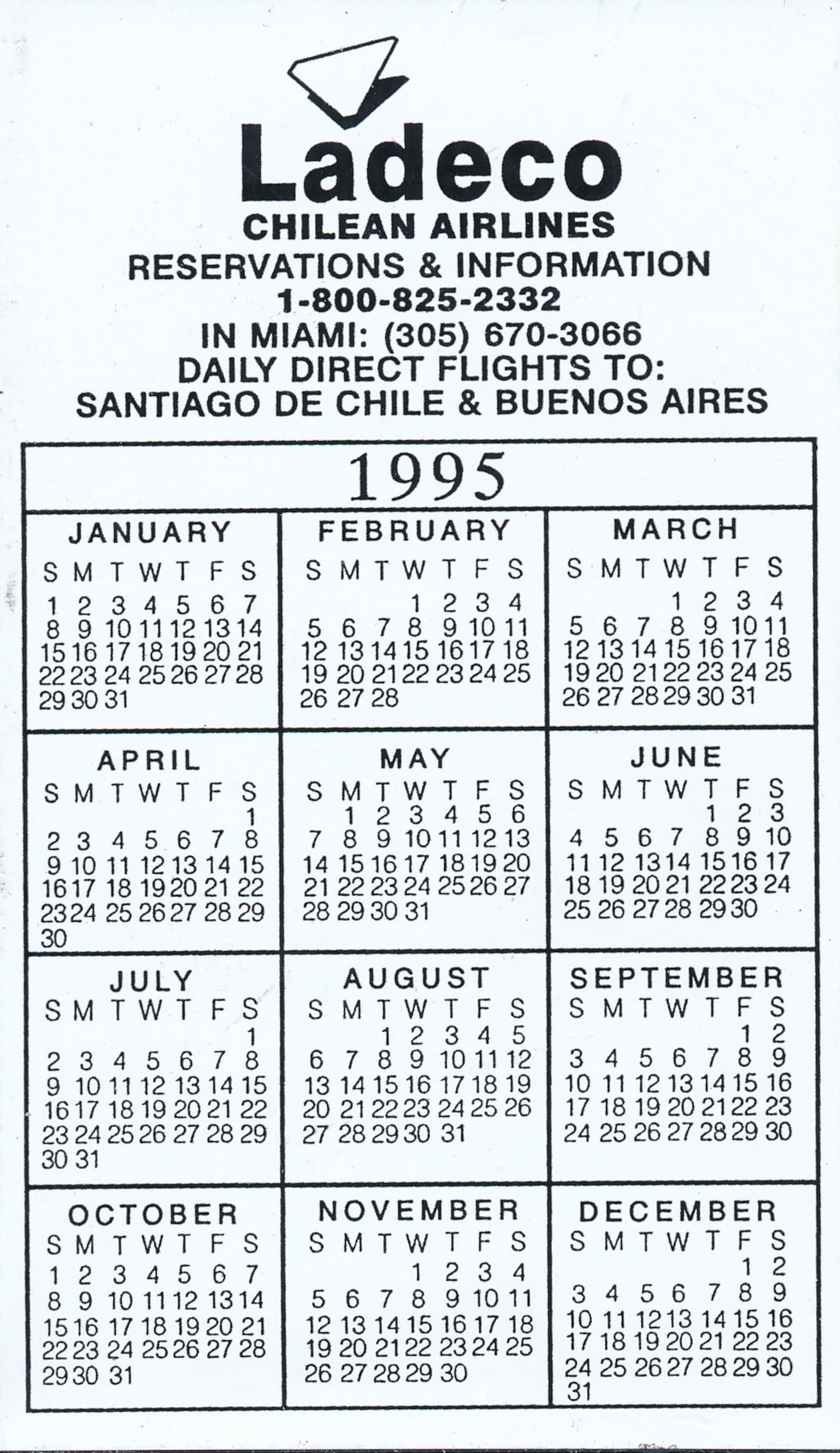 Ladeco Airlines Calendar for 1995 and Sheet on Airport Information for ...