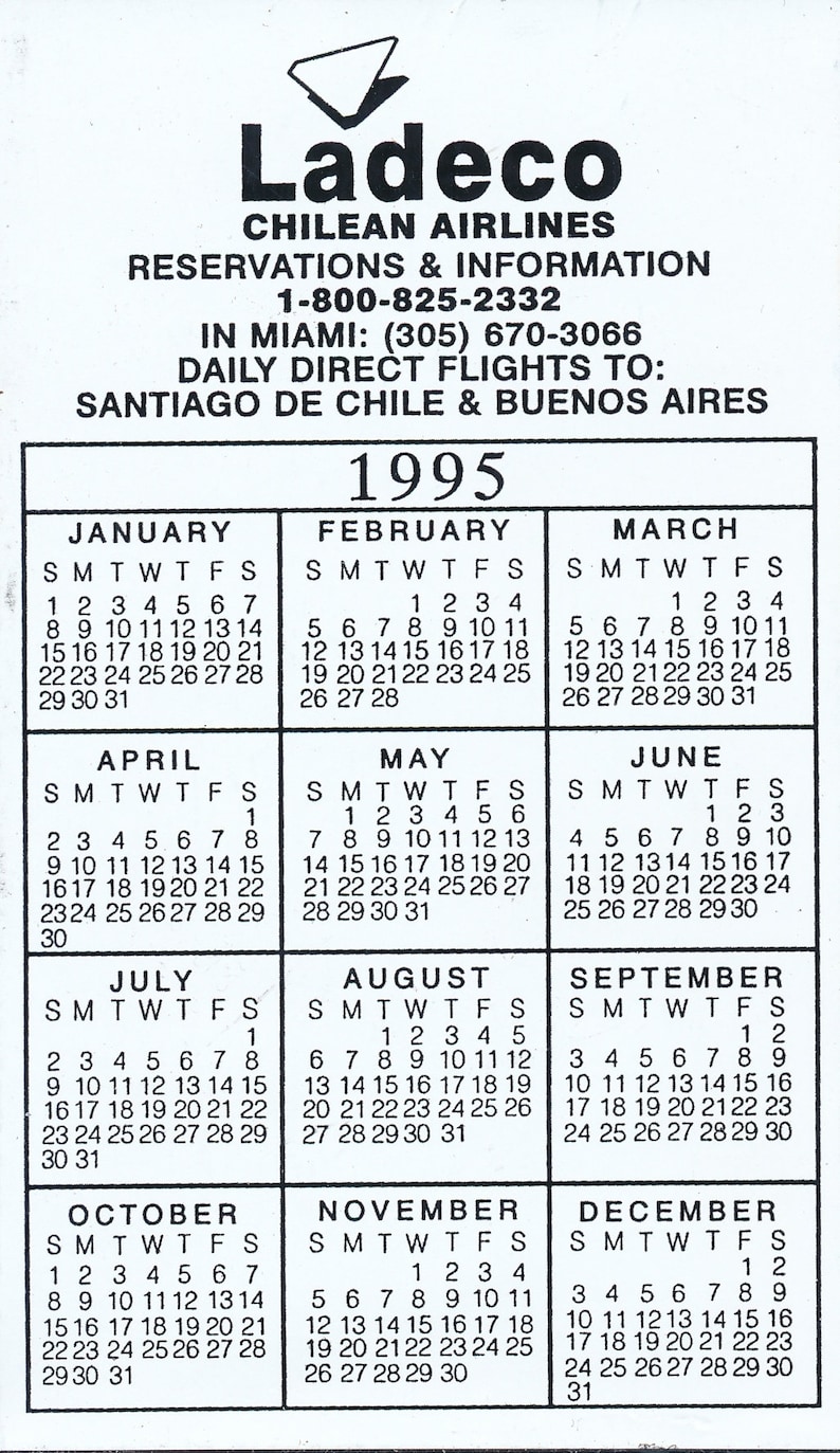 Ladeco Airlines Calendar for 1995 and Sheet on Airport Information for ...