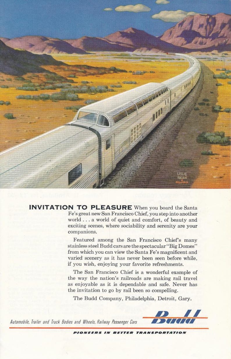 Budd Railcar Company 3 Print Ad's 1950's Promoting New Trains for Southern Pacific Railroad and ...