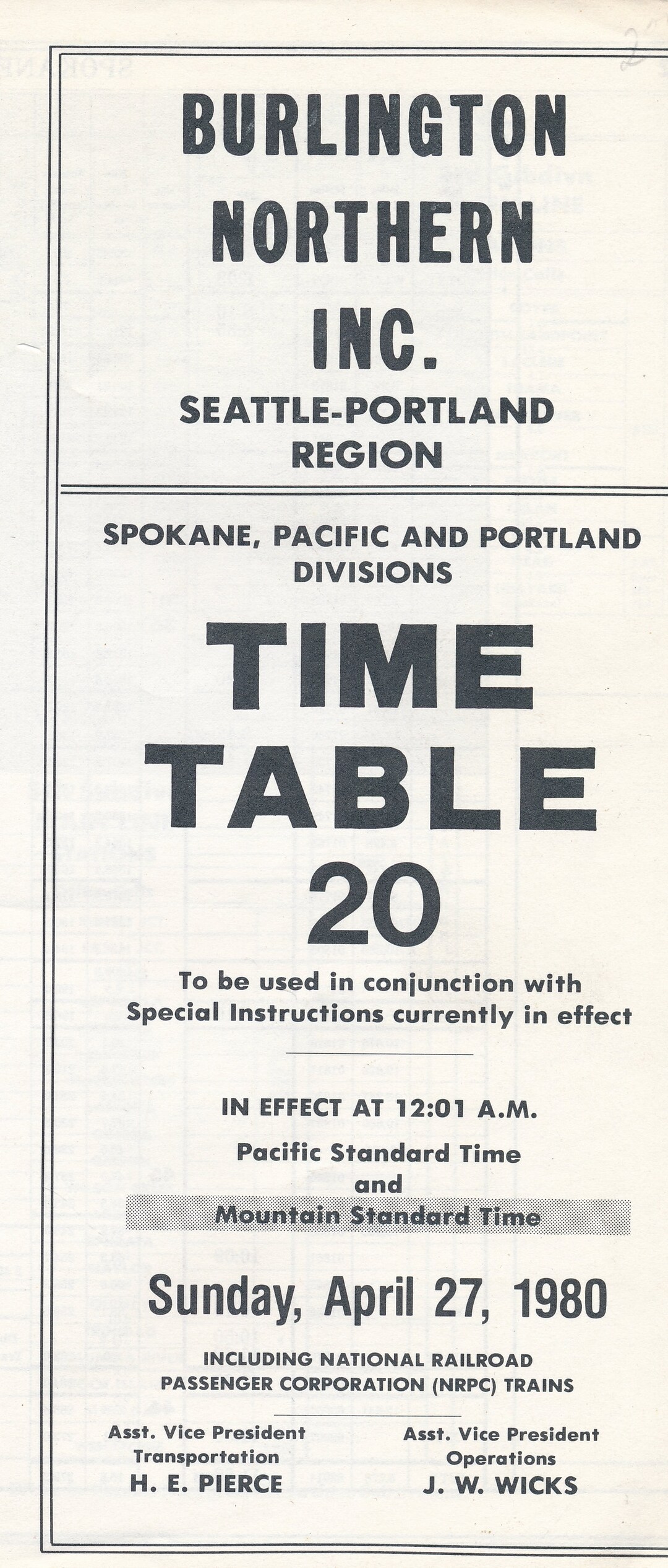 Burlington Northern Employee Timetable No. 20 Seattle-portland Region ...