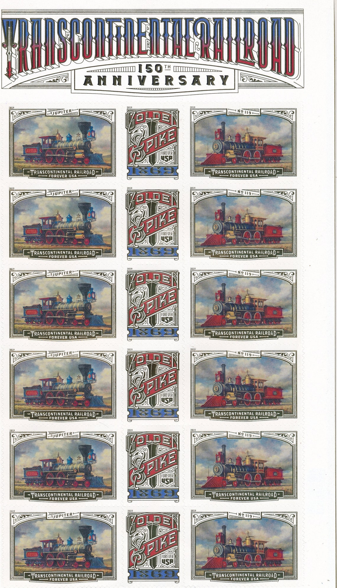 Golden Spike Transcontinental Railroad 150 Anniversary Sheet of 12 US ...