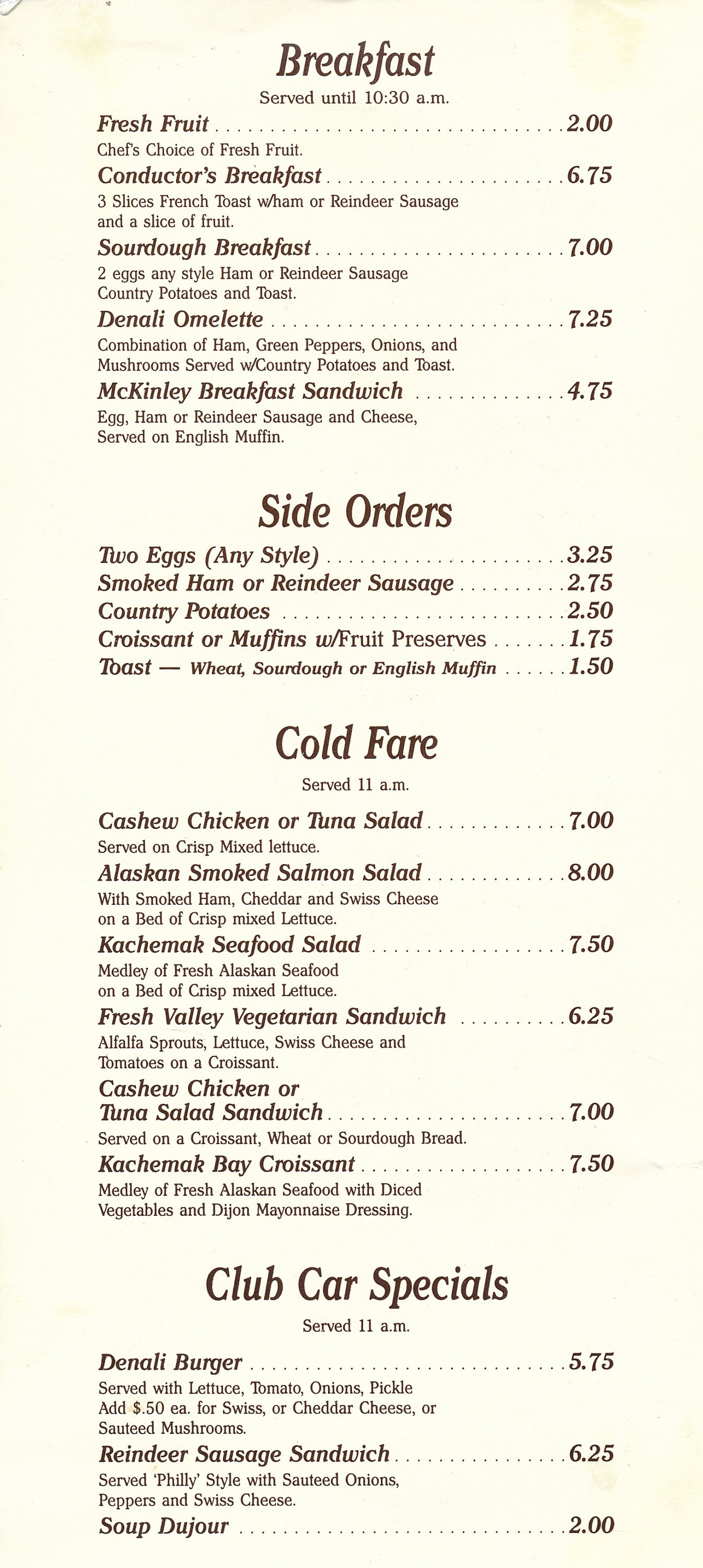 Dining Car Menu: Alaska Railroad Dining Car Menu - Etsy