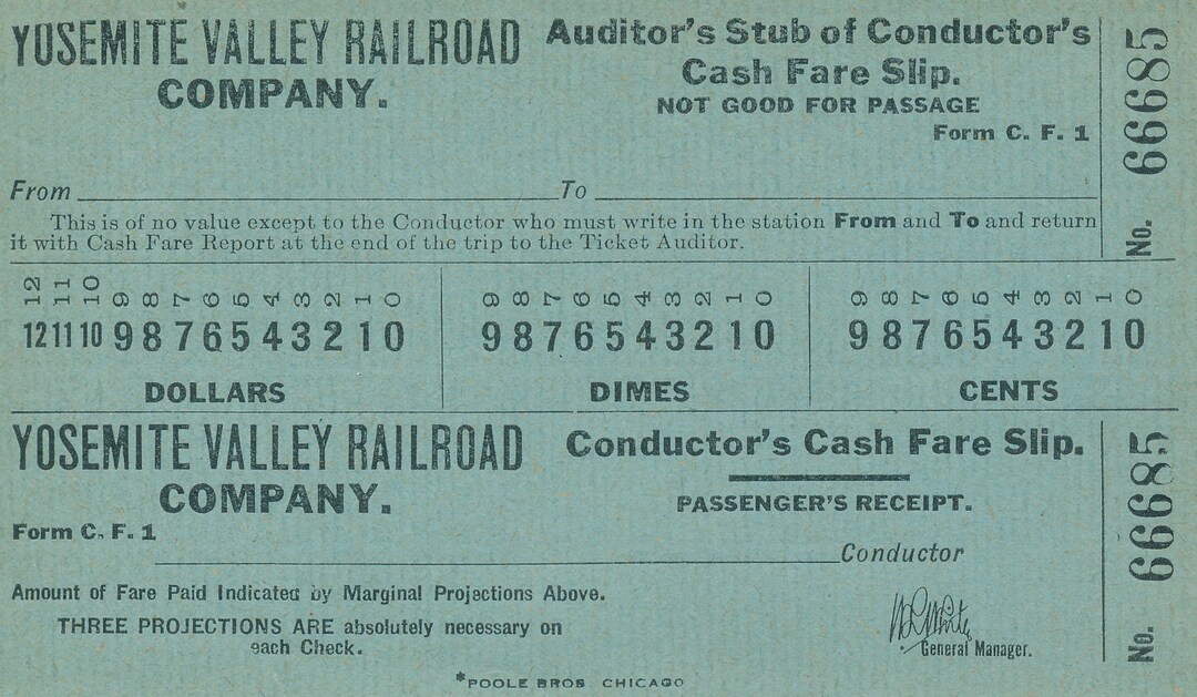 Yosemite Valley Railroad Auditor's Stub of Conductor's Cash Fare Slip ...