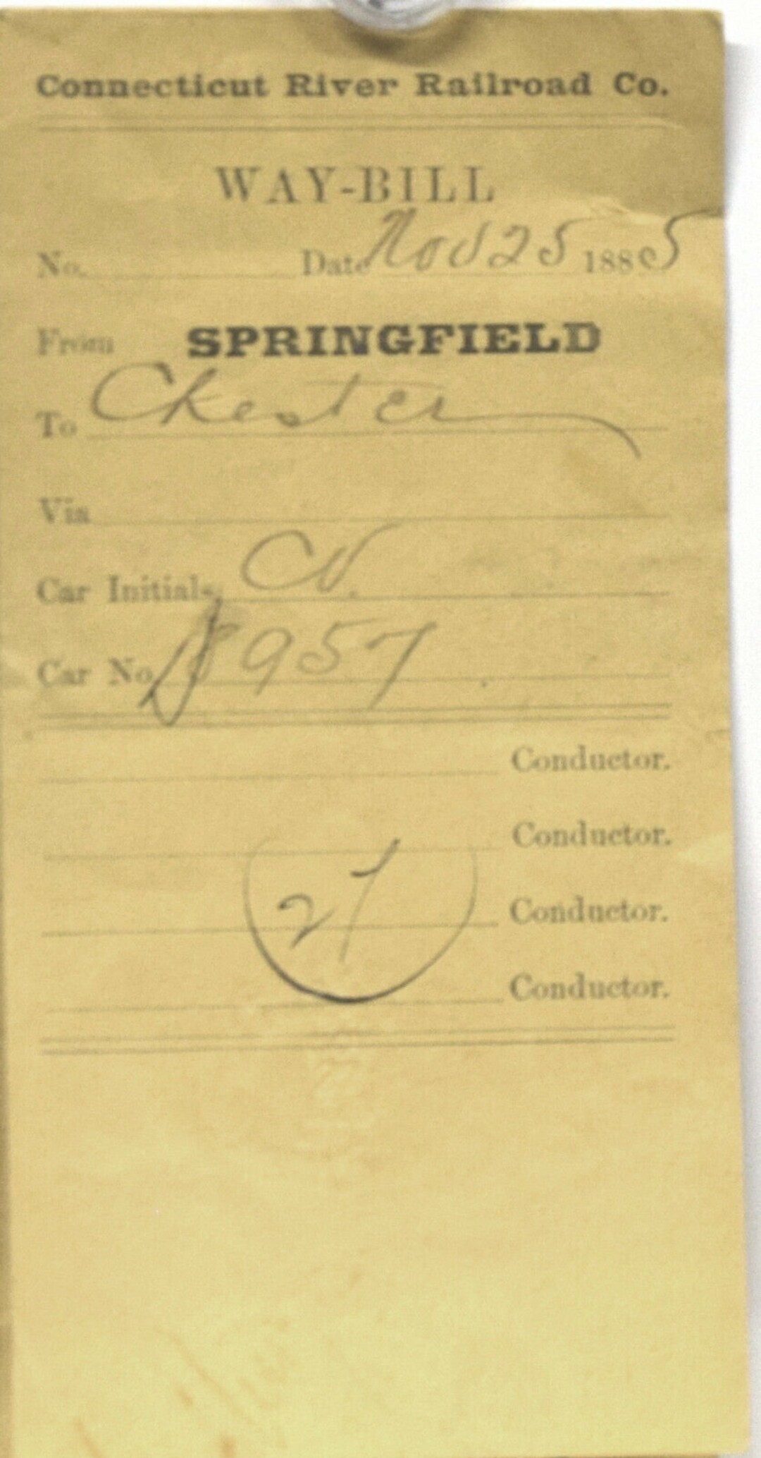 Connecticut River Railroad Waybill Nov 25, 1885 With Station Embossed ...