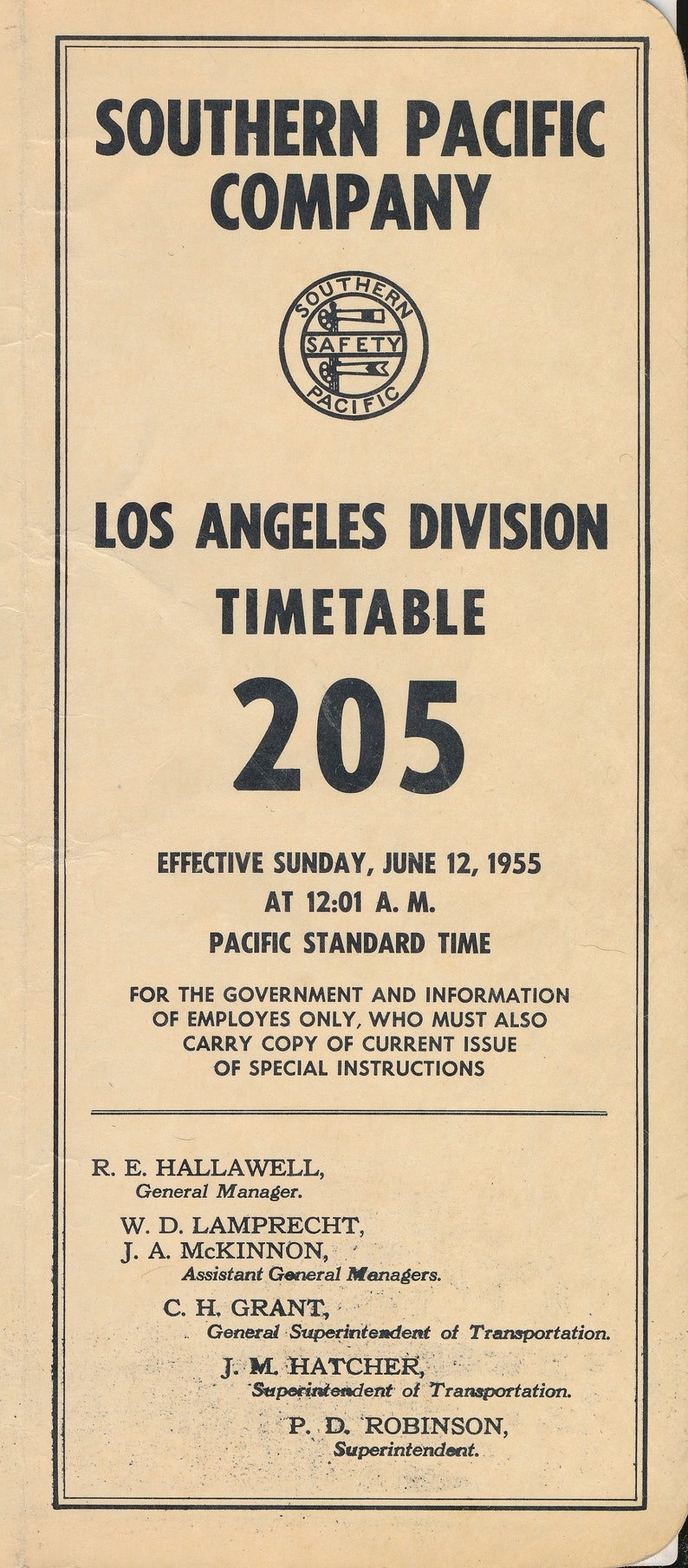 Southern Pacific Railroad Los Angeles Division Timetable 205 June 12 ...