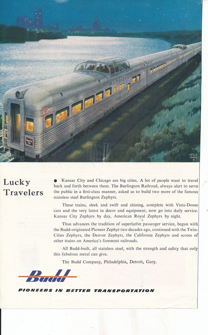 Budd Railcar Co 3 Print Ad's 1950's Promoting New Trains Operated by Southern Pacific, Santa Fe ...
