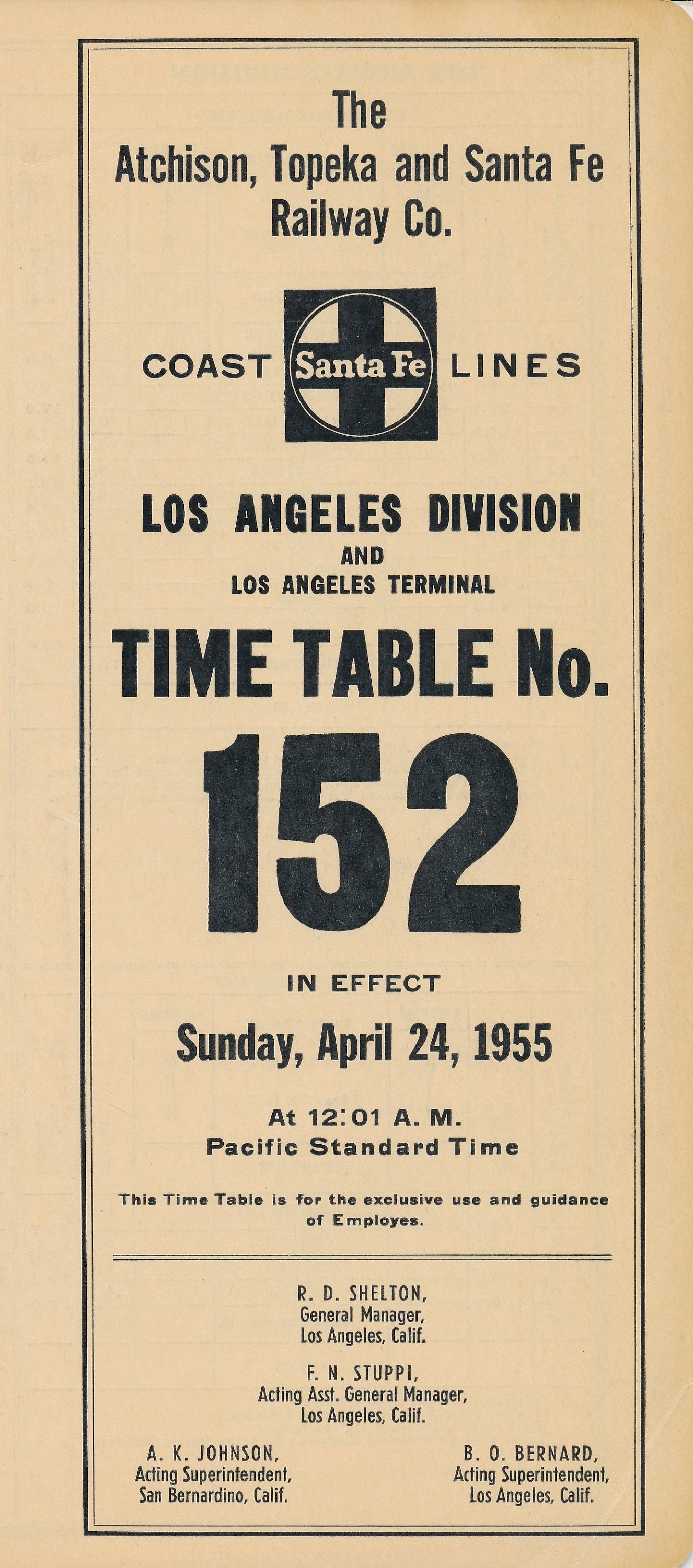 Santa Fe Employee Timetables Los Angeles Division 5 Different: Nos. 151 ...