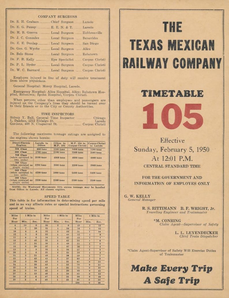 The Texas Mexican Railway Employee Time Table No. 105 Dated February 5 ...