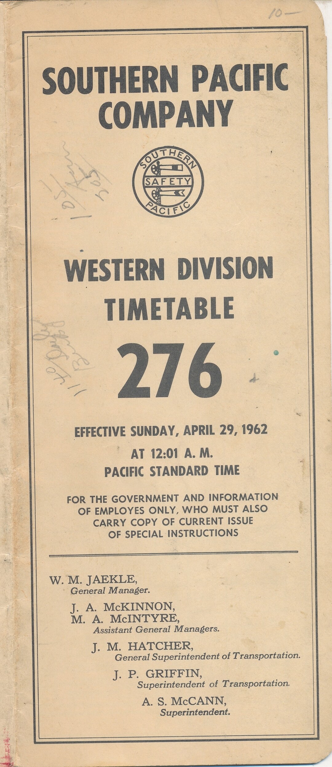 Southern Pacific Employee Timetable 276 Western Division April 29, 1962 ...