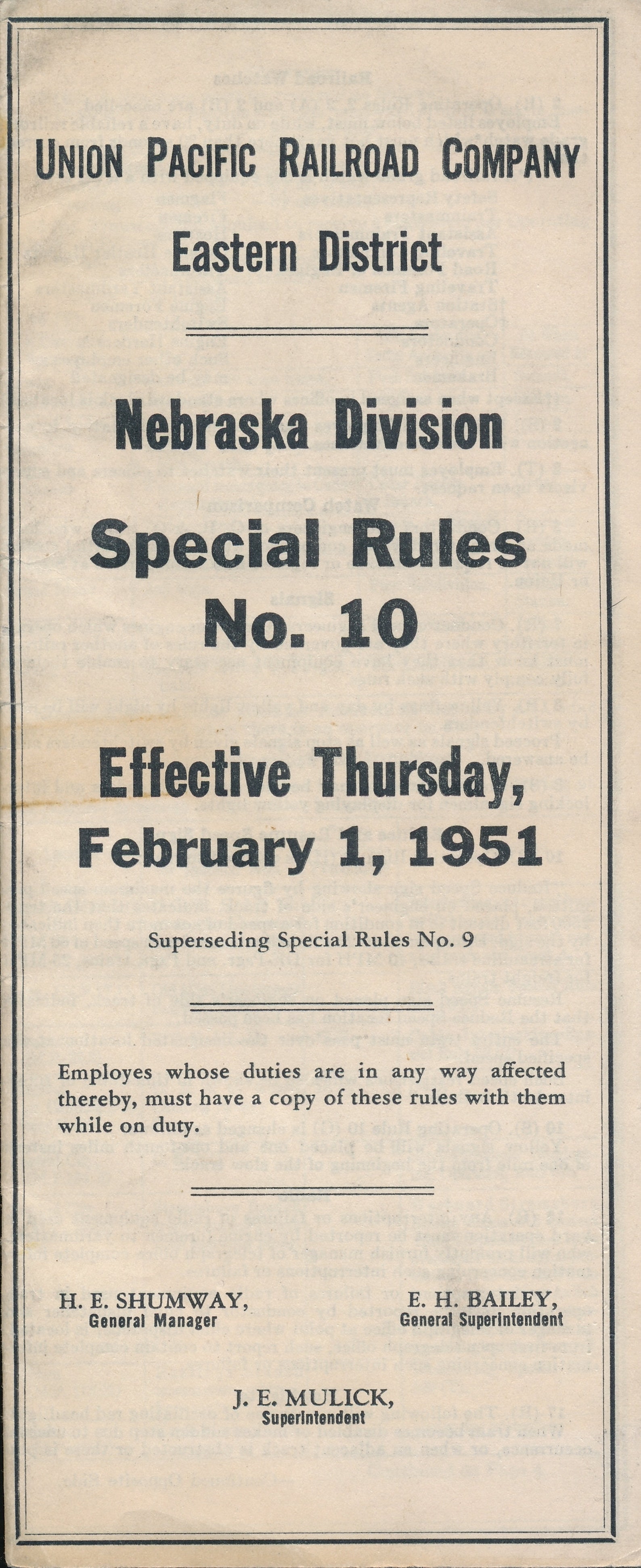Union Pacific Railroad Special Rules No. 10 February 1, 1951 Nebraska ...