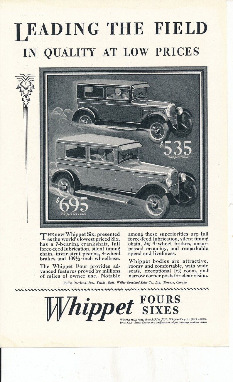 3 Vintage Print Ads for the Whippet Autos From the 1920's - Etsy