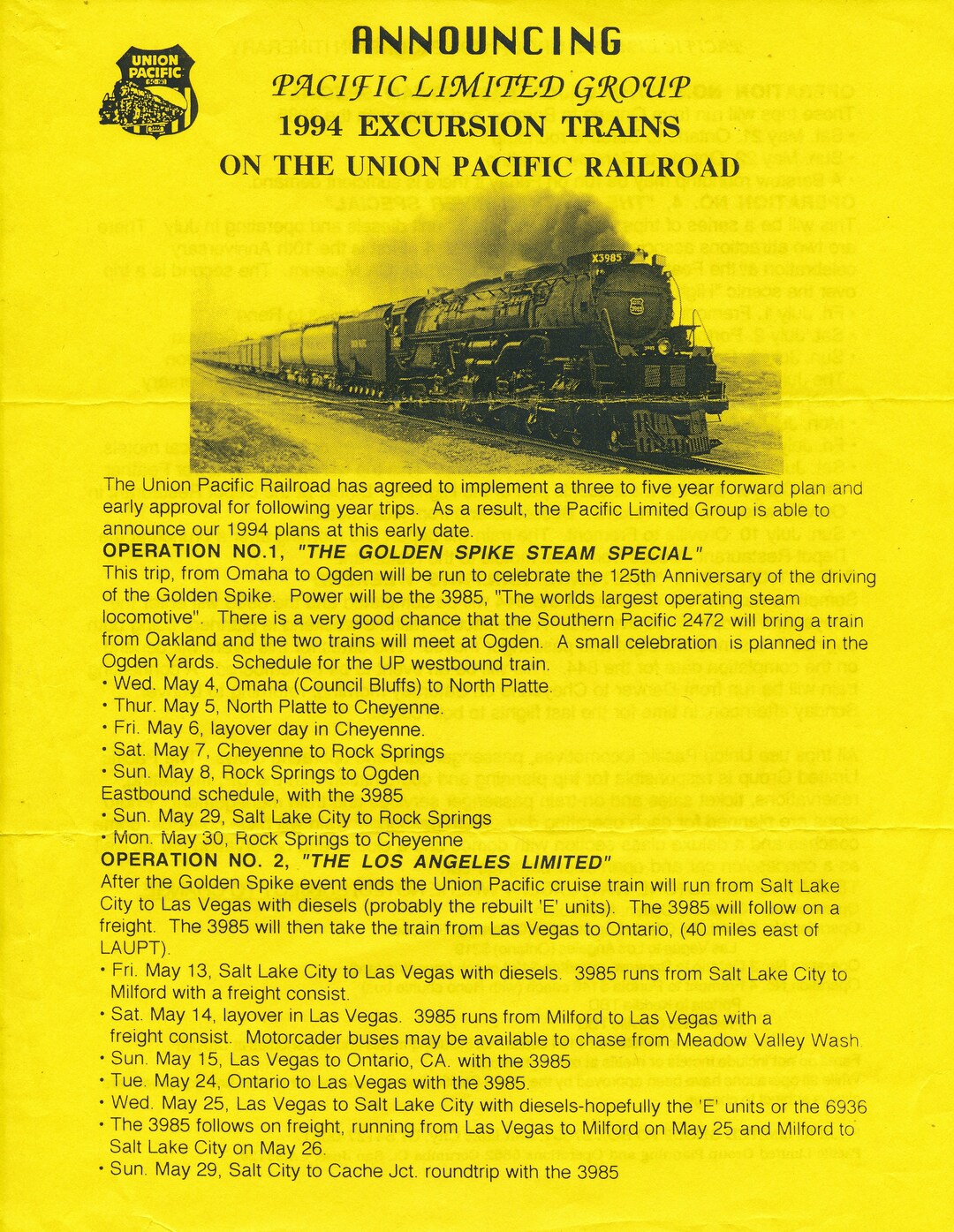 Union Pacific Railroad Pacific Limited Group Excursion Flyer and ...
