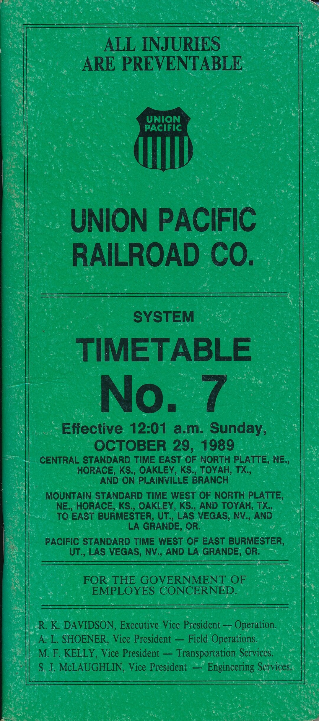 Union Pacific Railroad Employee System Timetable No. 7 October 29, 1989 ...