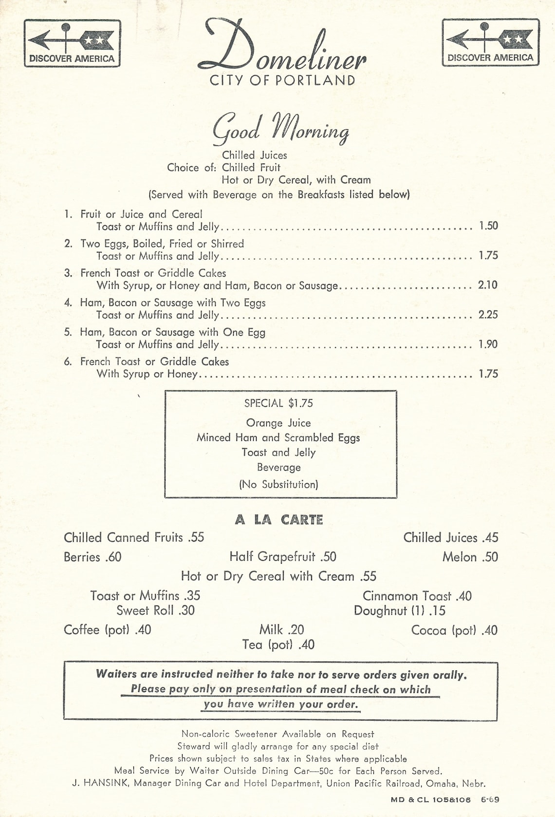 Dining Car Menu: Union Pacific Railroad City of Portland Breakfast Menu ...