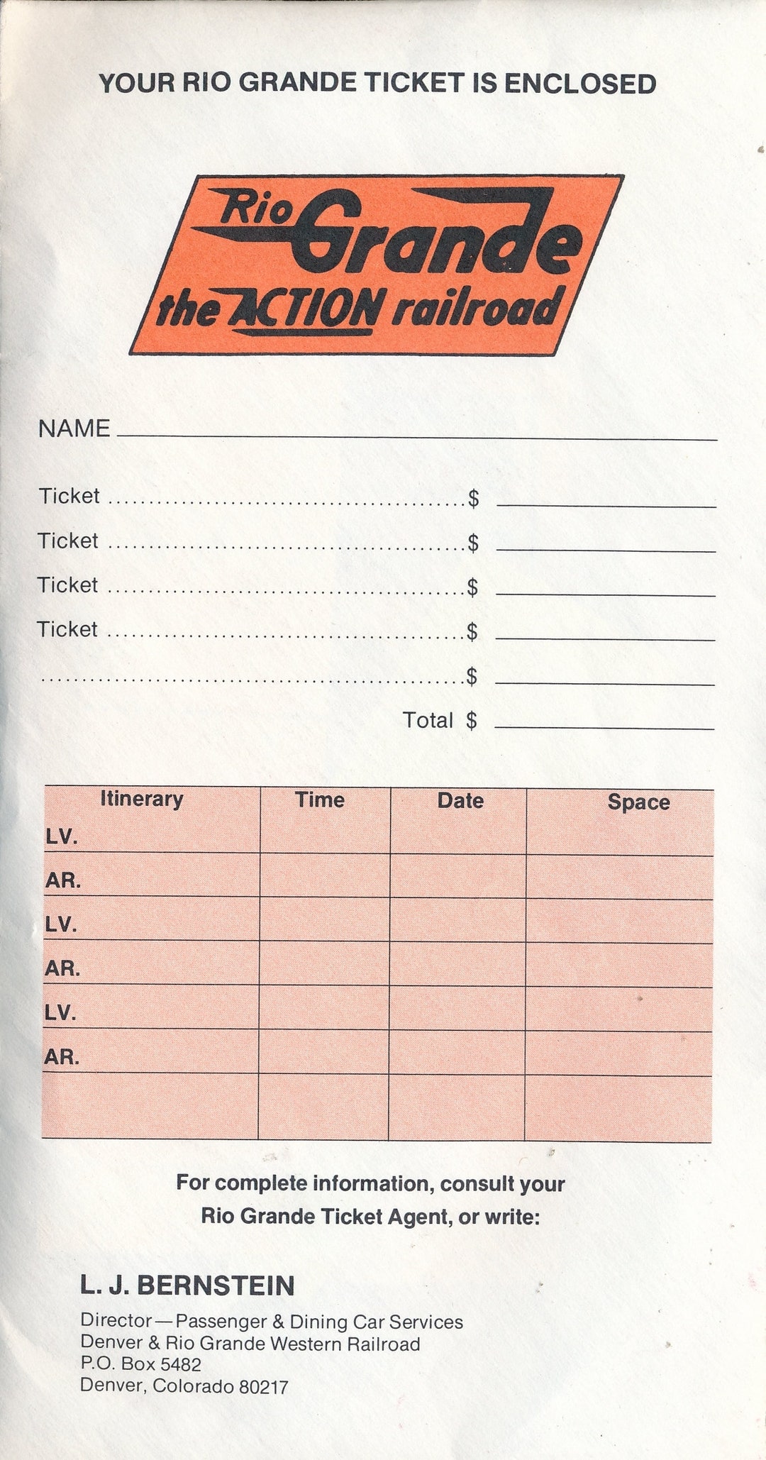 Denver & Rio Grande Western Railroad Ticket Envelope With Several ...