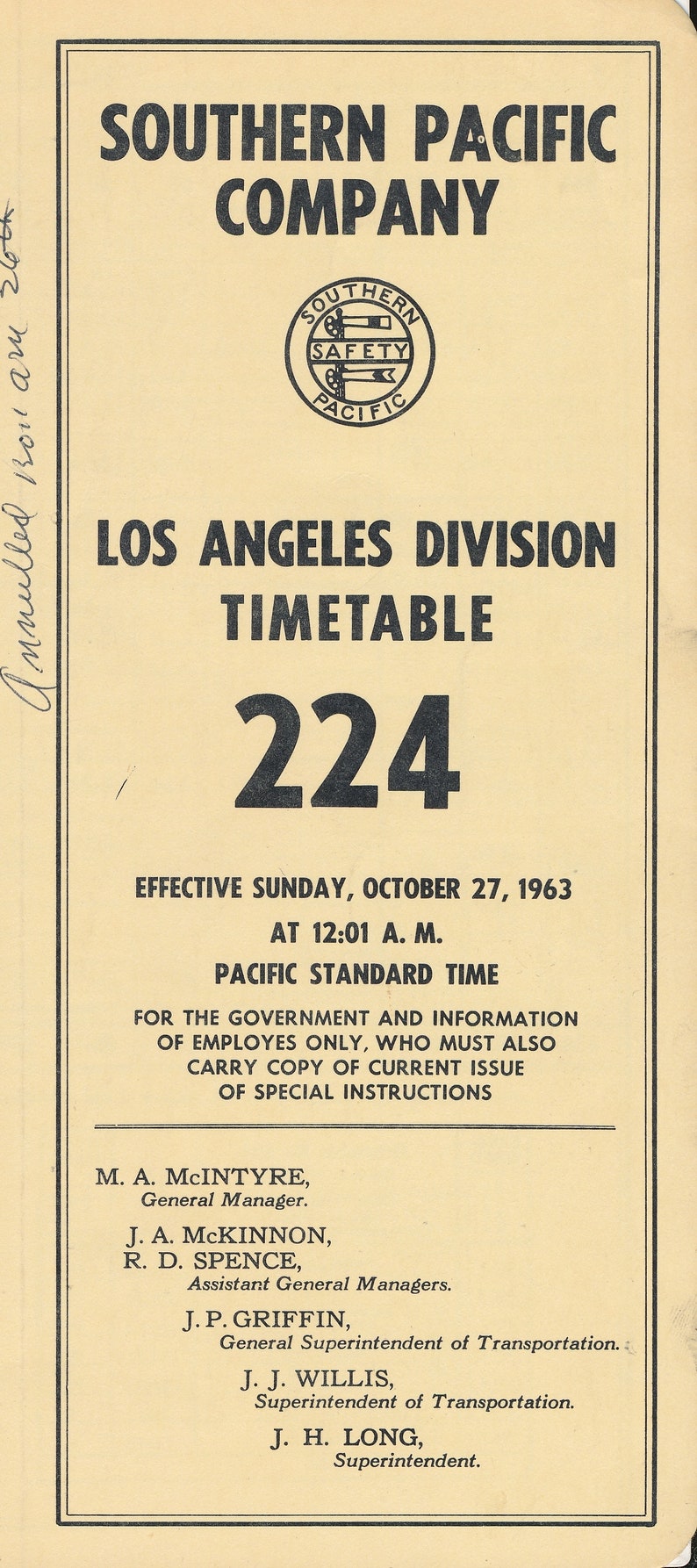 Southern Pacific Railroad Los Angeles Division Timetable 224 October 27 ...