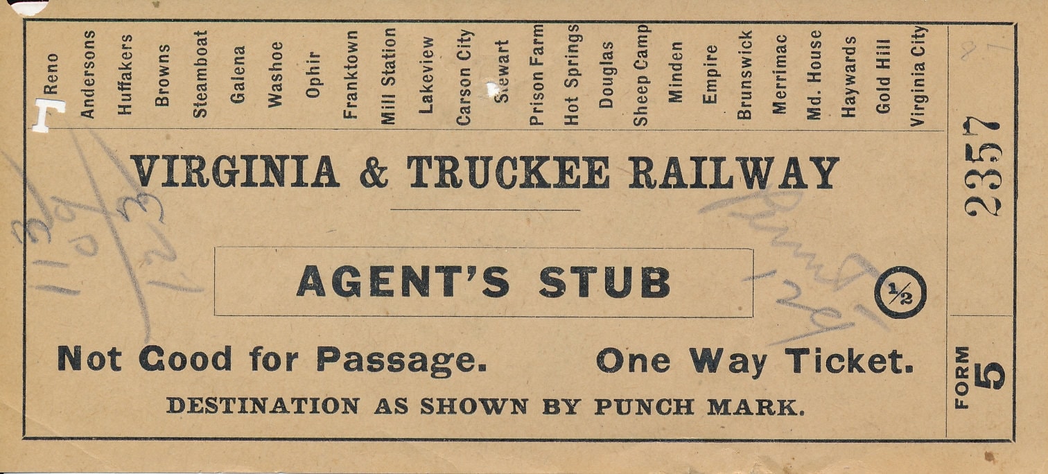 Virginia & Truckee Railroad Agent's Stub for a Oneway Ticket From Reno ...
