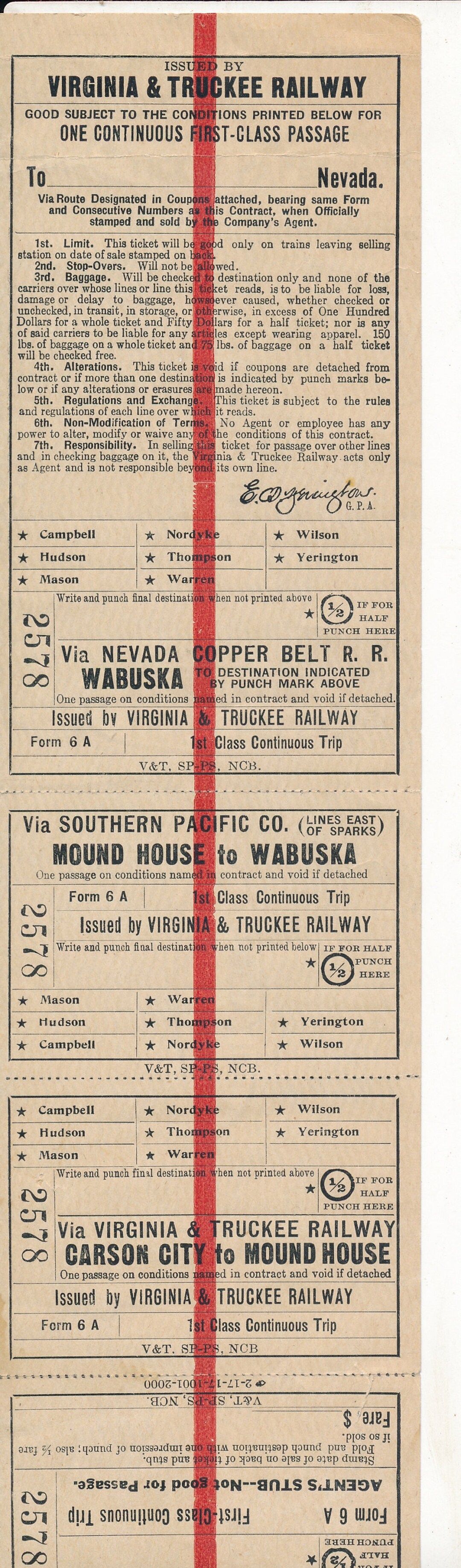 Virginia & Truckee Railroad Unused Ticket for a Continuous First Class ...