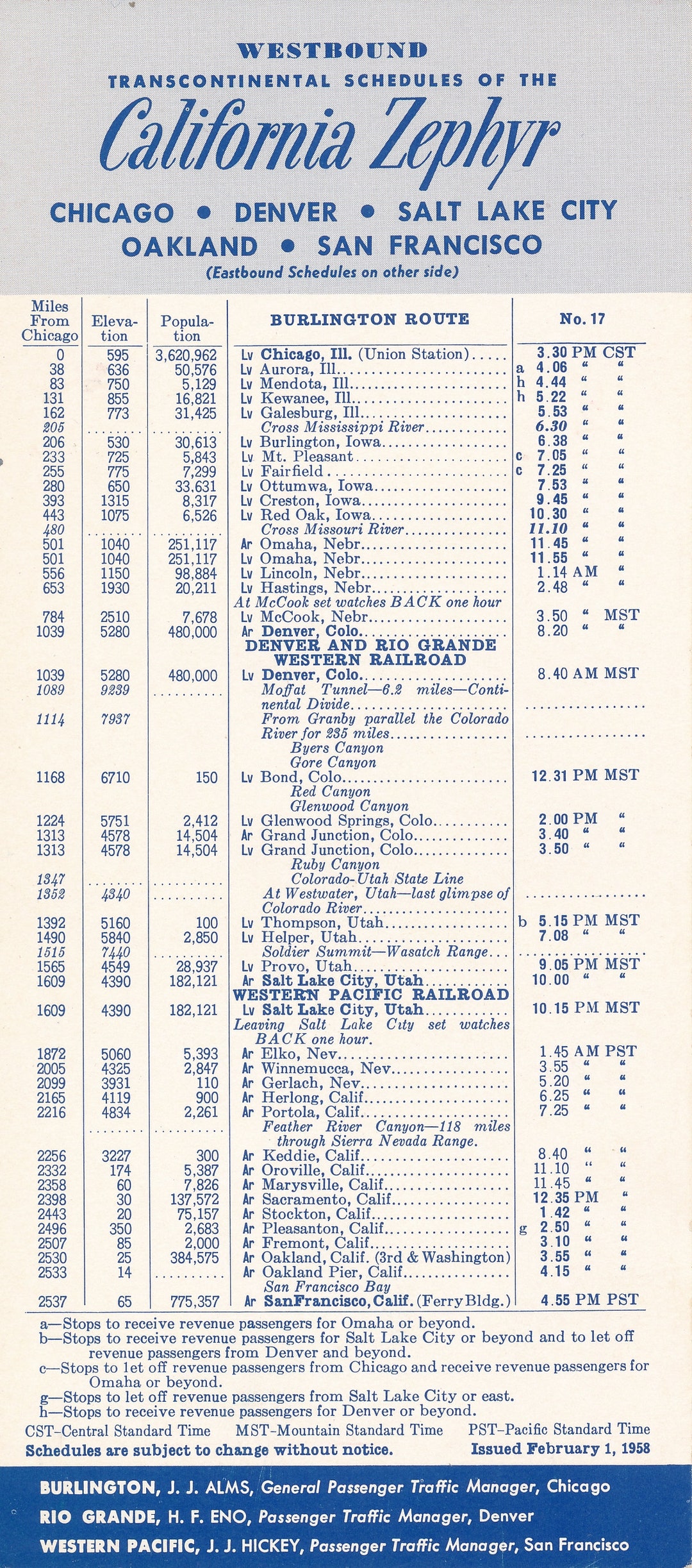 California Zephyr Timetable Card. One Side Westbound the Other Side ...