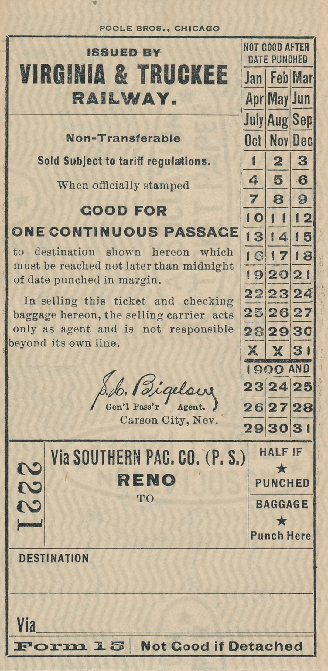 Virginia & Truckee Railroad Ticket Unused From Reno to a Southern ...