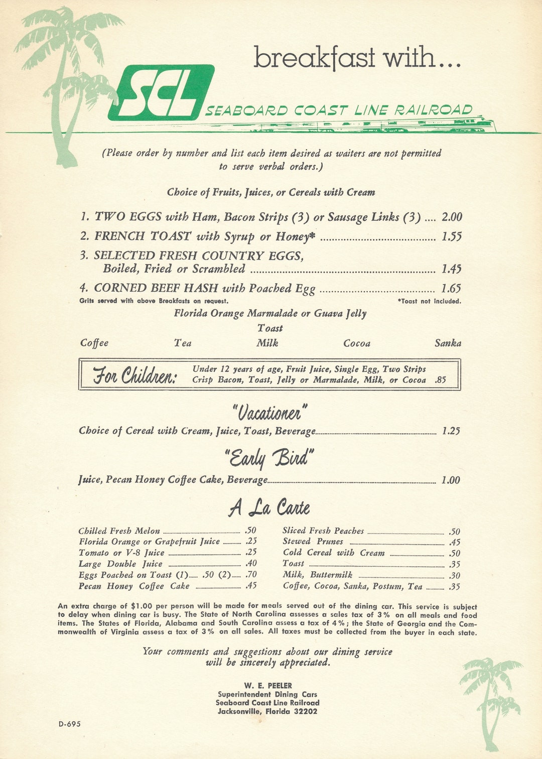 Dining Car Menu: Seaboard Coast Line Breakfast Menu - Etsy