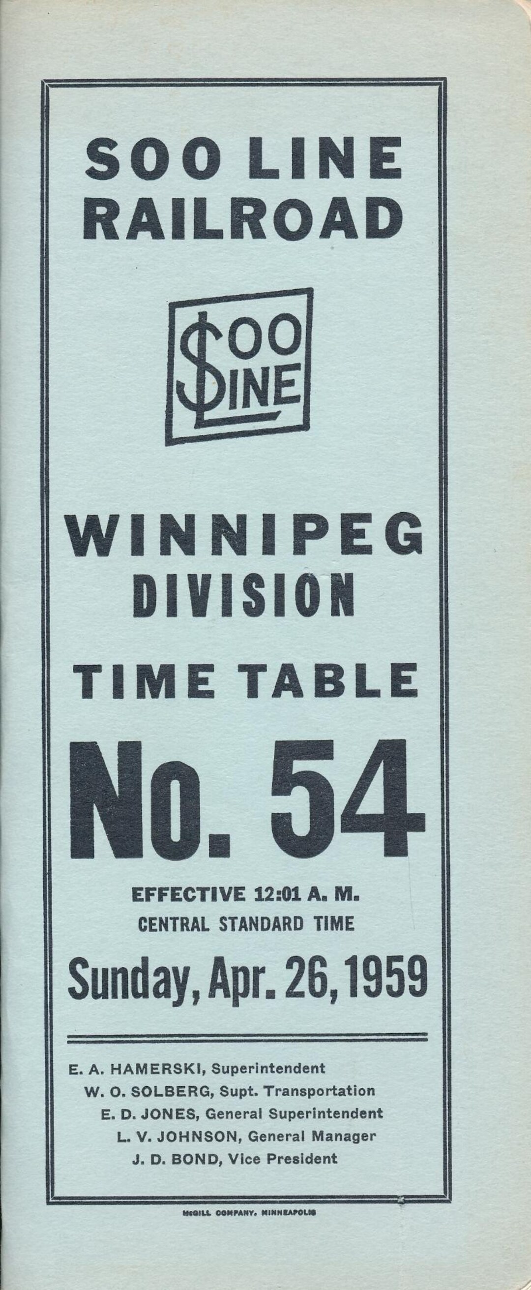 Soo Line Railroad Employee Time Table No. 54 Winnipeg Division Dated ...