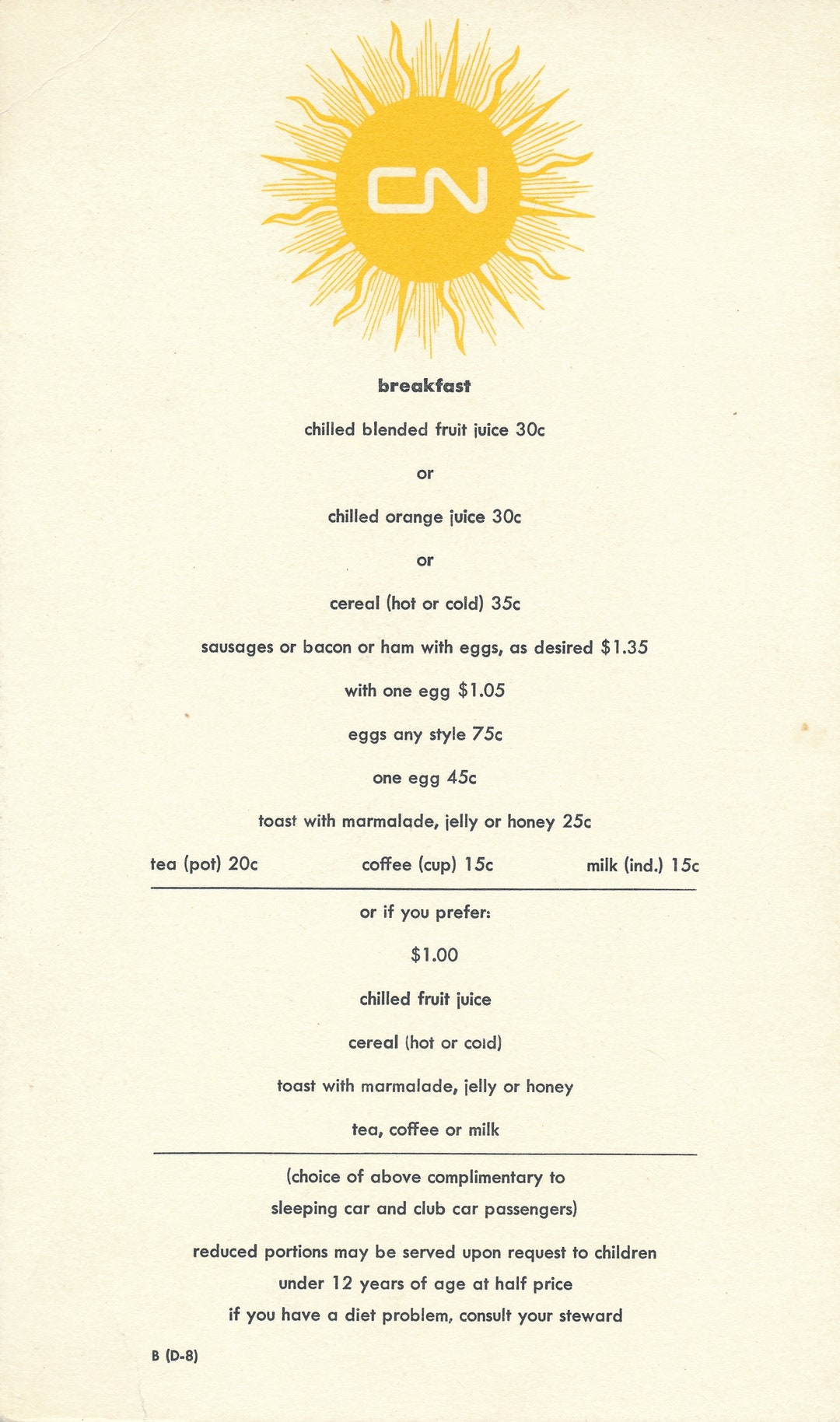 Dining Car Menus: Canadian National Railroad Breakfast Menu and ...