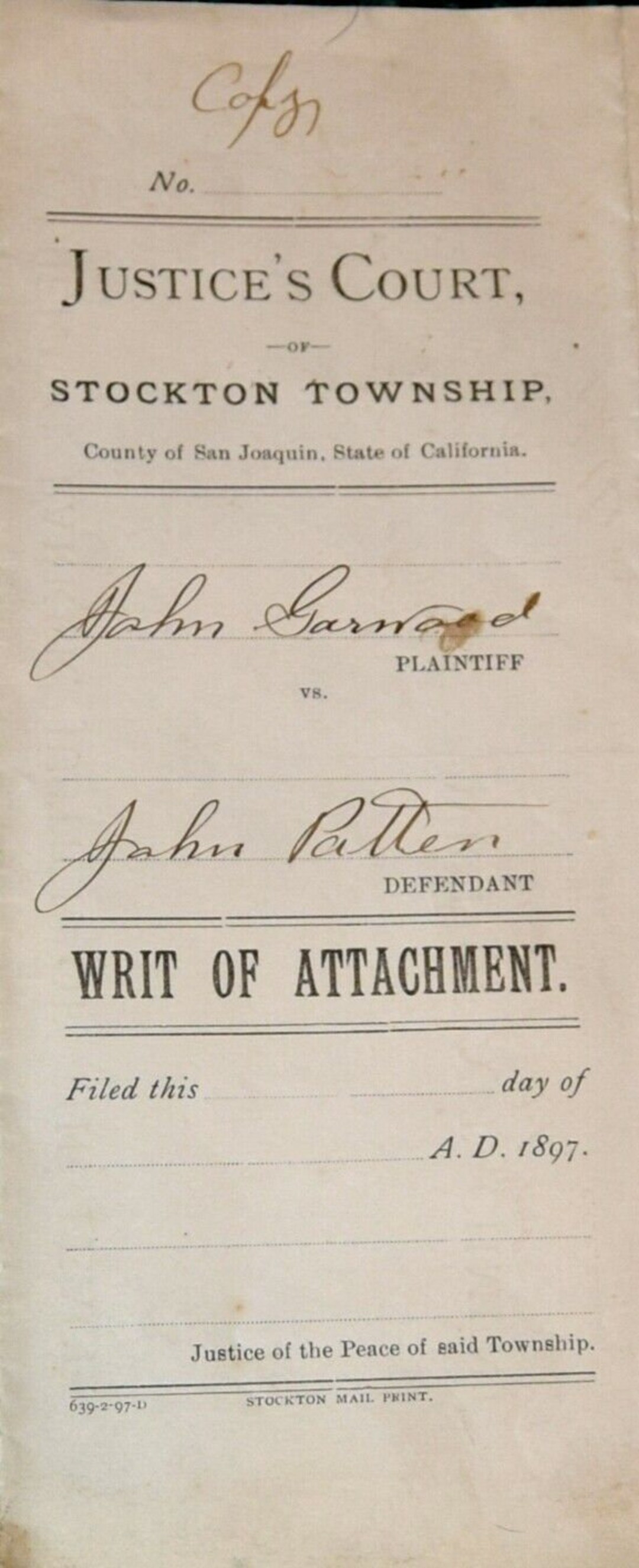 Writ of Attachment, Justice's Court Stockton, California Dated 1897 - Etsy