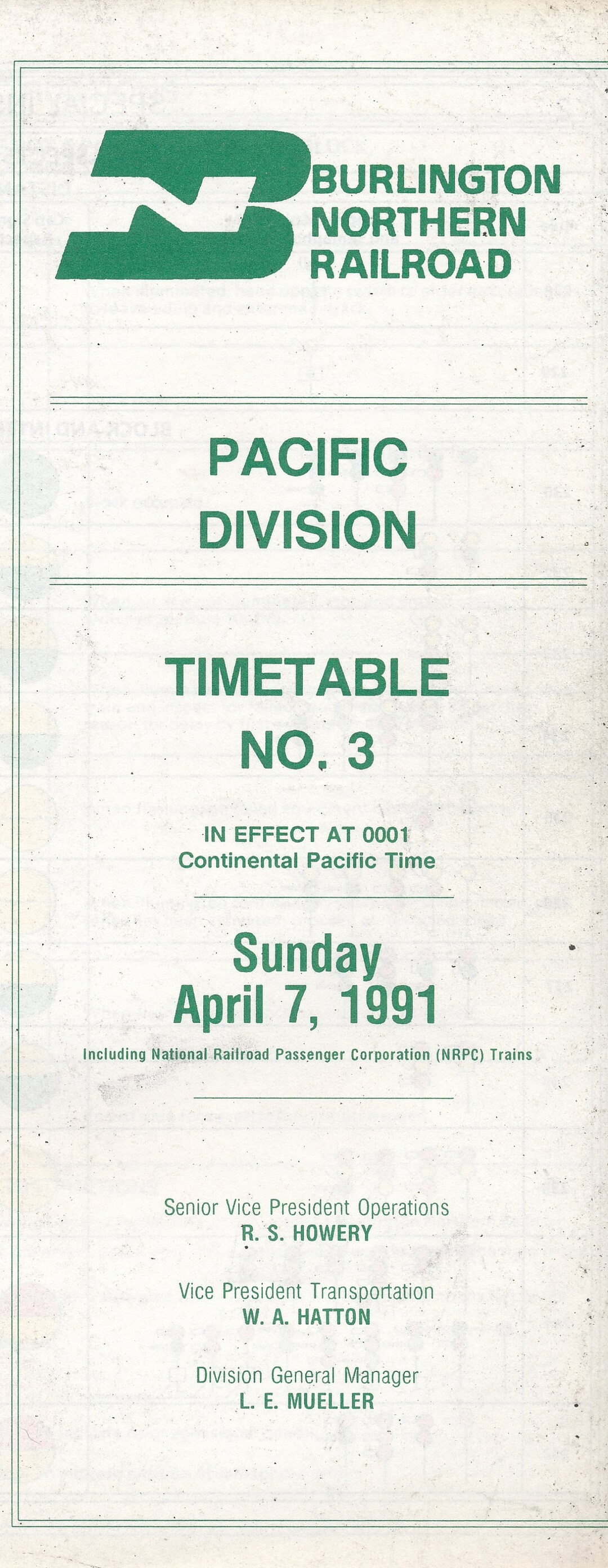 Burlington Northern Employee Timetable No. 3 April 7, 1991 Pacific ...