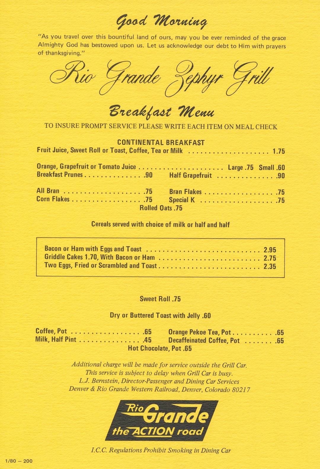 Dining Car Menus: Rio Grande Zephyr Grill Breakfast, Lunch and Dinner ...