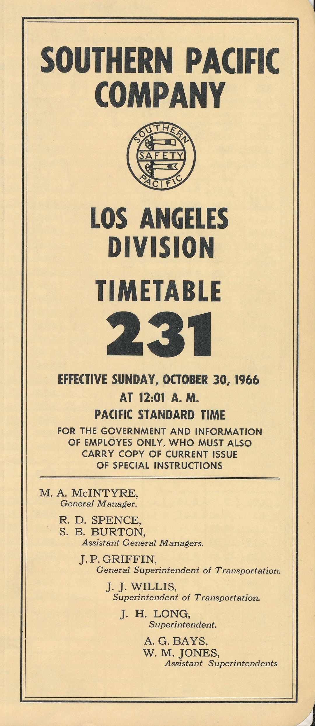 Southern Pacific Railroad Los Angeles Division Timetable 231 October 30 ...