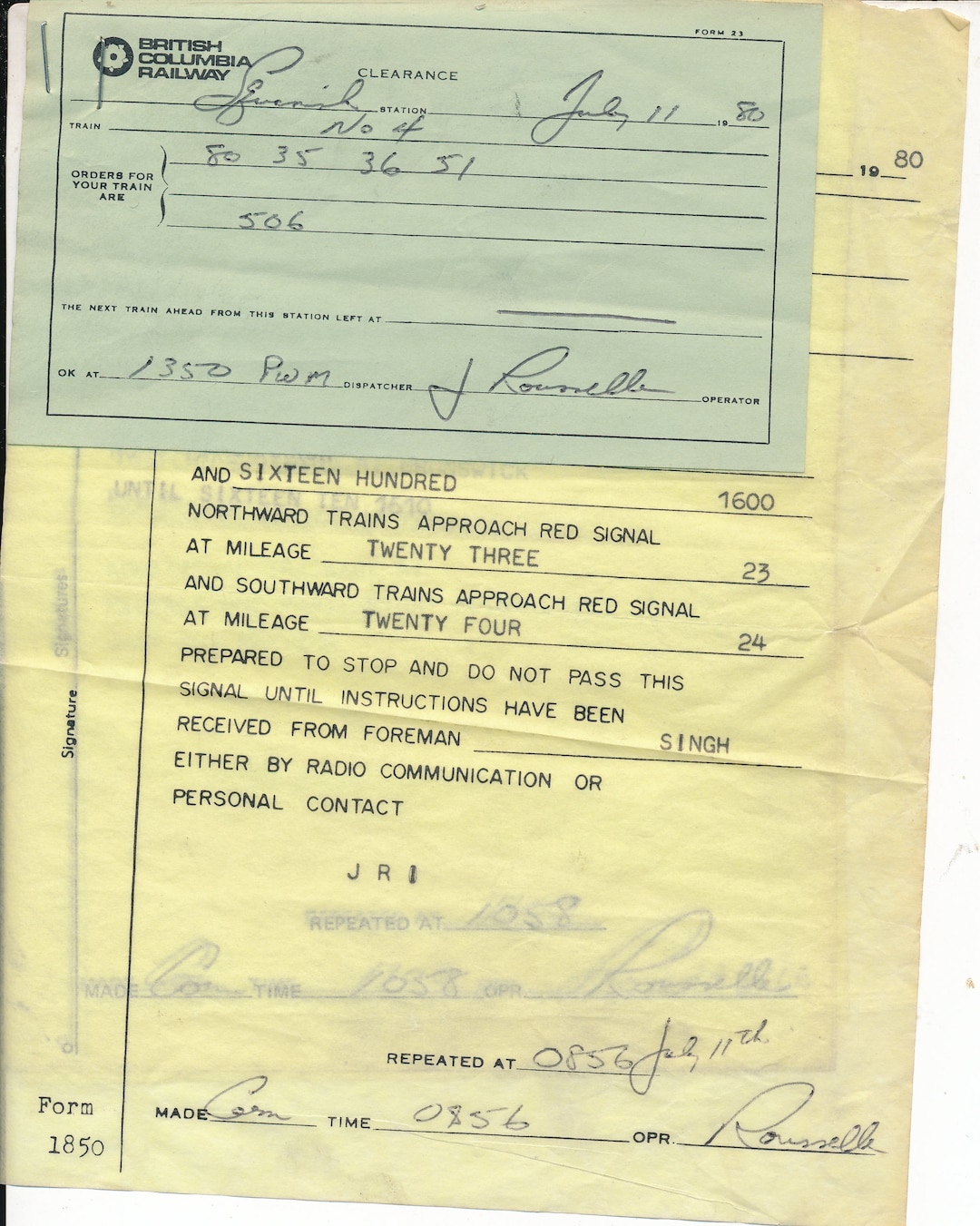 Train Order: British Columbia Railway Train Order Set From Squamish ...