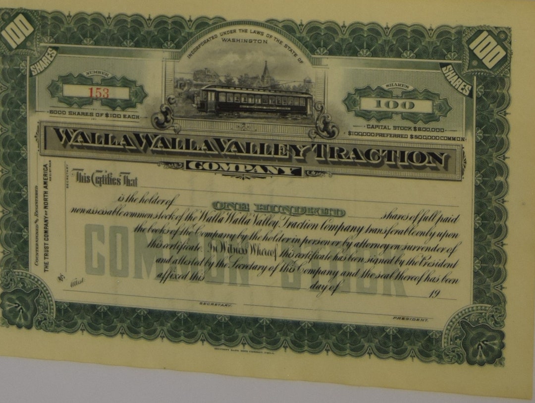 Walla Walla Valley Traction Company 100 Shares Stock Certificate 1880's ...