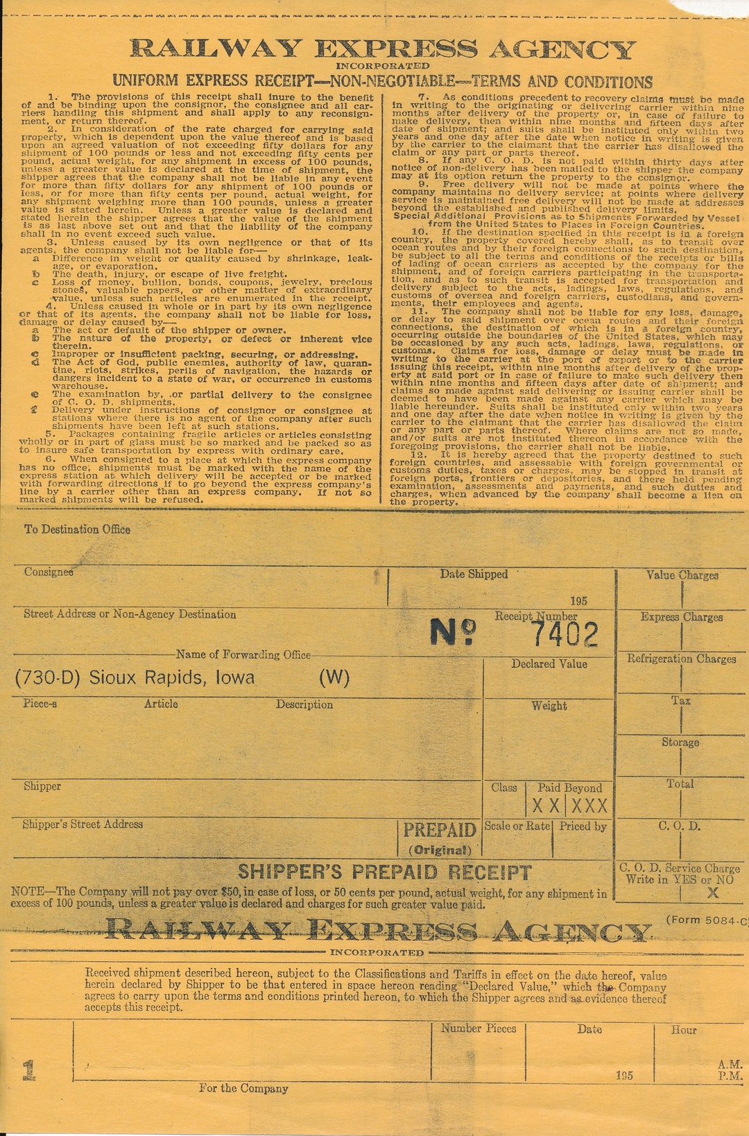 Railway Express Agency Receipt Four Sides on Two Pages Blank From ...