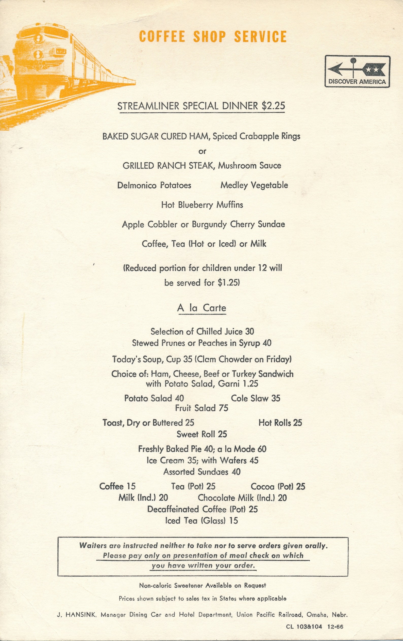 Dining Car Menu: Union Pacific Railroad City of Los Angeles Dinner Menu ...