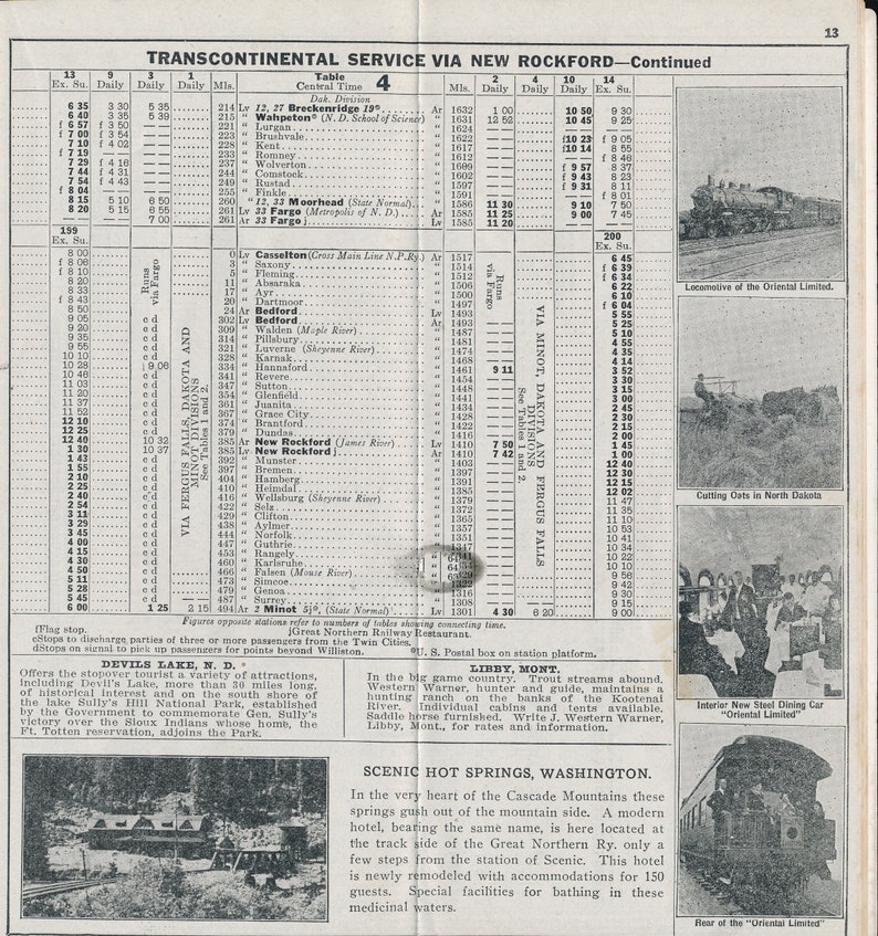 Great Northern Railway Public Timetable Dated July 1922 - Etsy