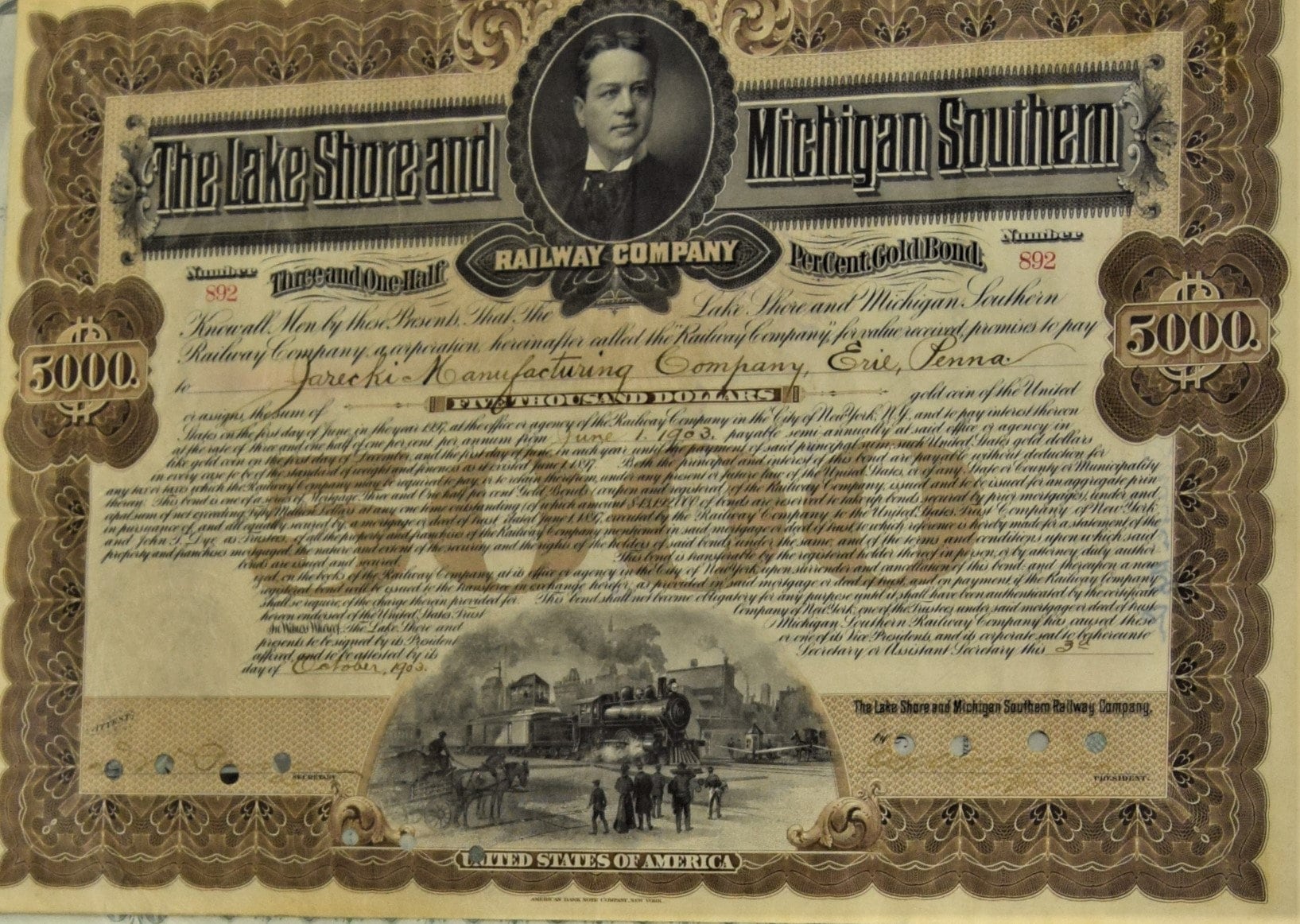 The Lake Shore and Michigan Southern Railway Company 5000 Gold Bond ...