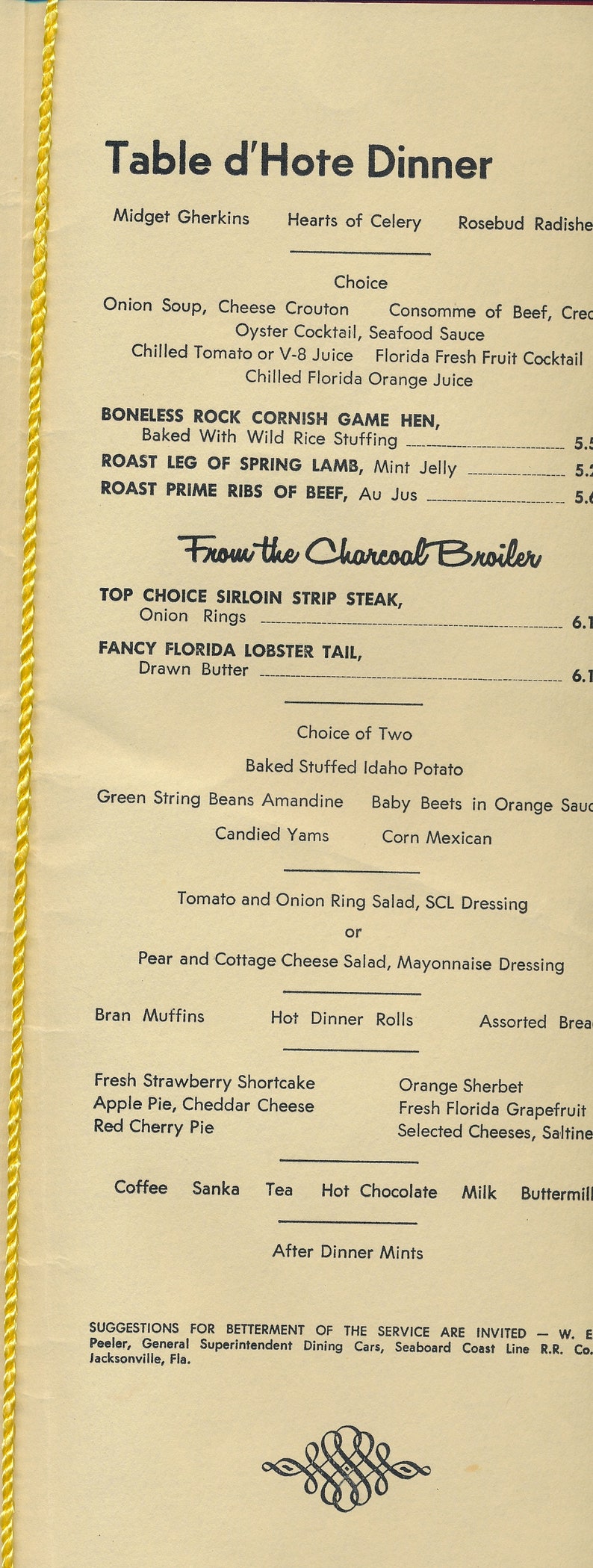 Dining Car Menu: Seaboard Coast Line Florida Special Dinner Menu - Etsy