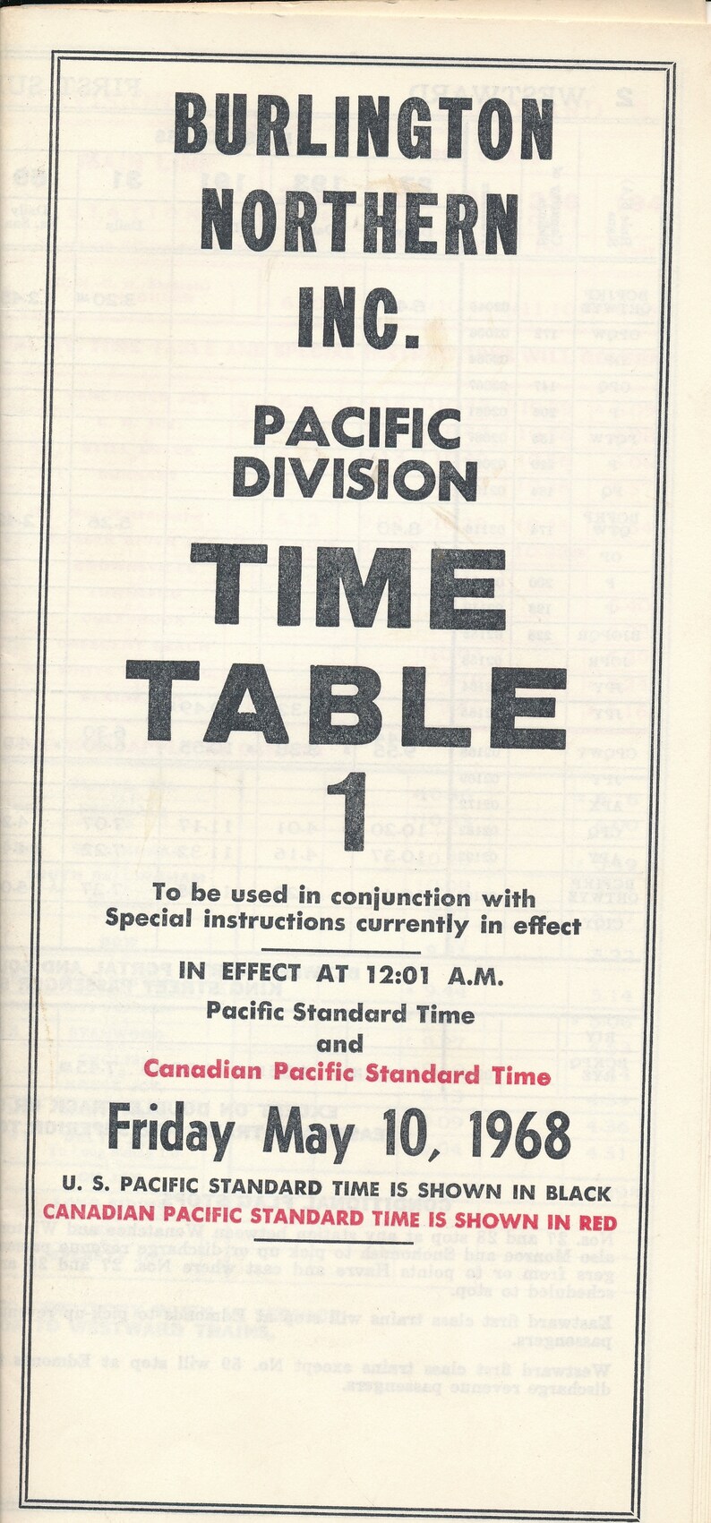Burlington Northern Employee Timetable No. 1 May 10, 1968 Pacific ...