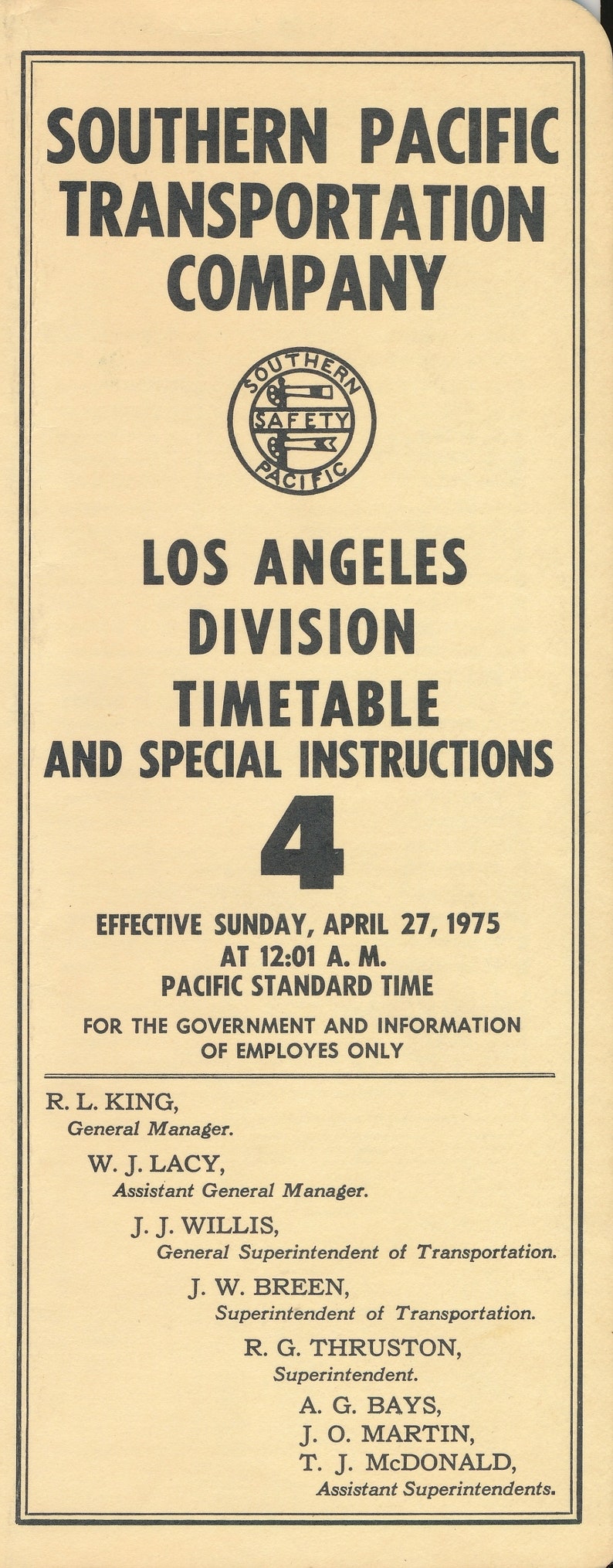 Southern Pacific Railroad Los Angeles Division Timetable 4 April 27 ...